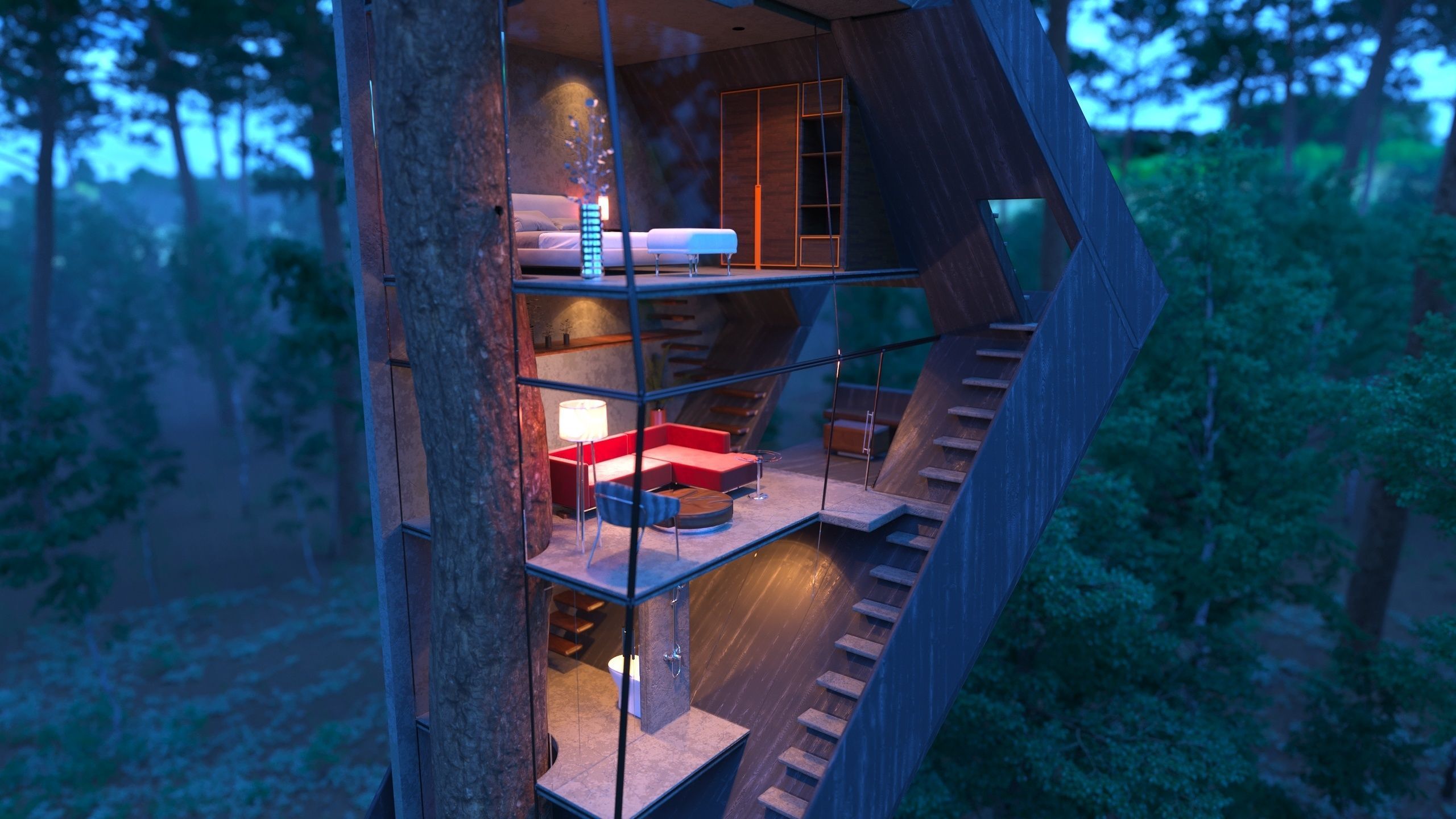 Treehouse in the forest jungle 4k vid full project presentation 3D ...