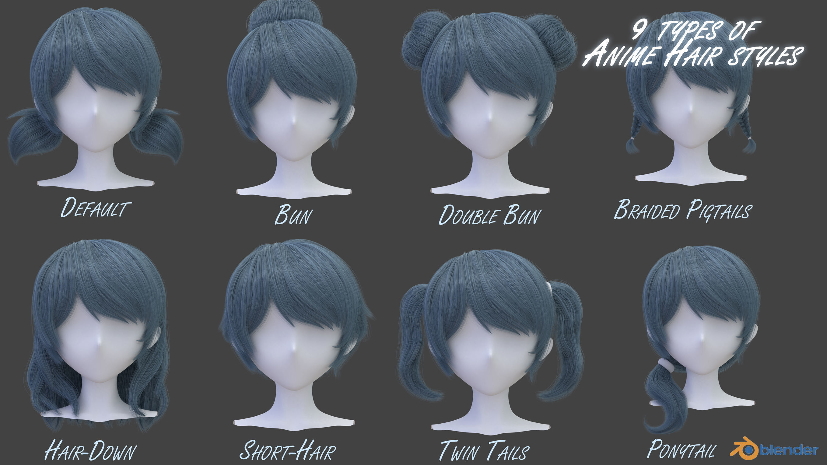 Anime Hairstyles Pack 9 types of hairstyles 3D model | CGTrader