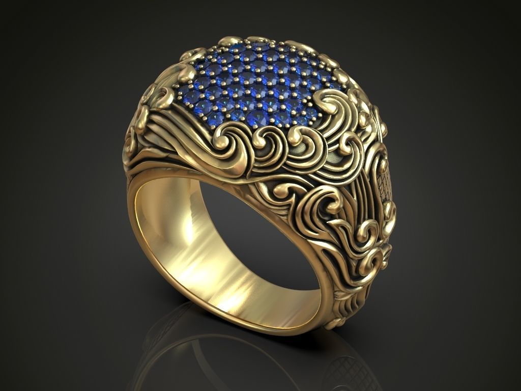 Signet ring wavy pattern pave gems setting 3D model 3D printable | CGTrader