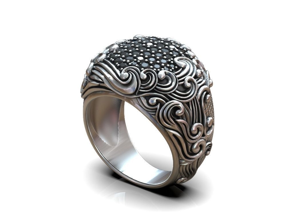 Signet ring wavy pattern pave gems setting 3D model 3D printable | CGTrader