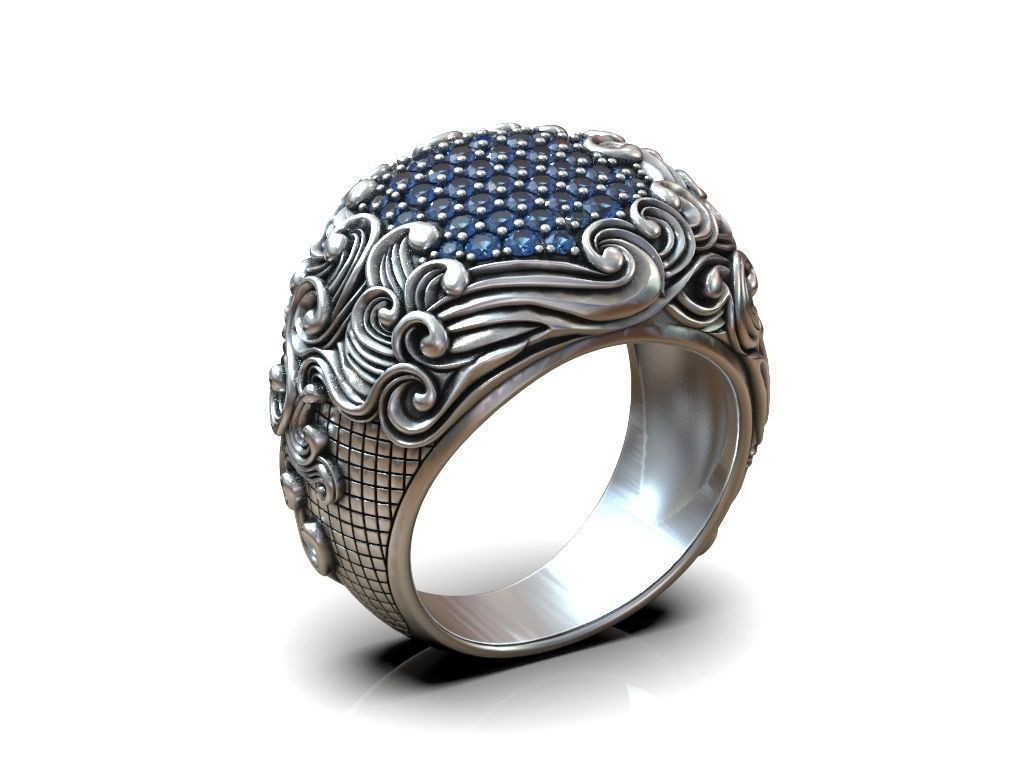 Signet ring wavy pattern pave gems setting 3D model 3D printable | CGTrader