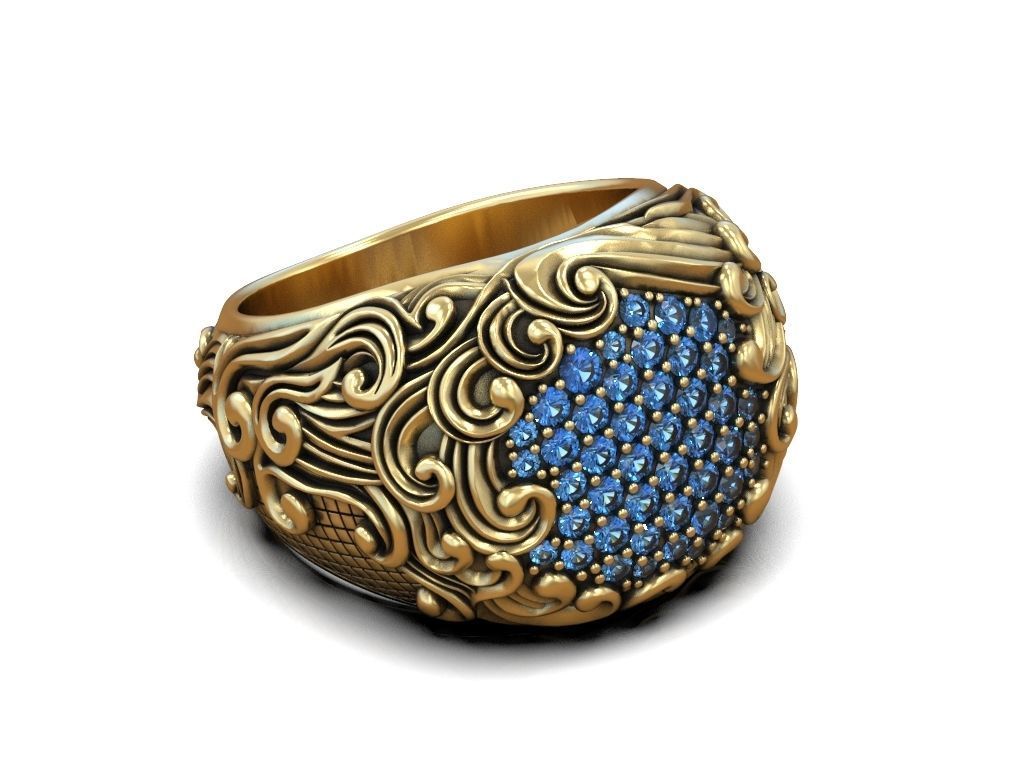 Signet ring wavy pattern pave gems setting 3D model 3D printable | CGTrader