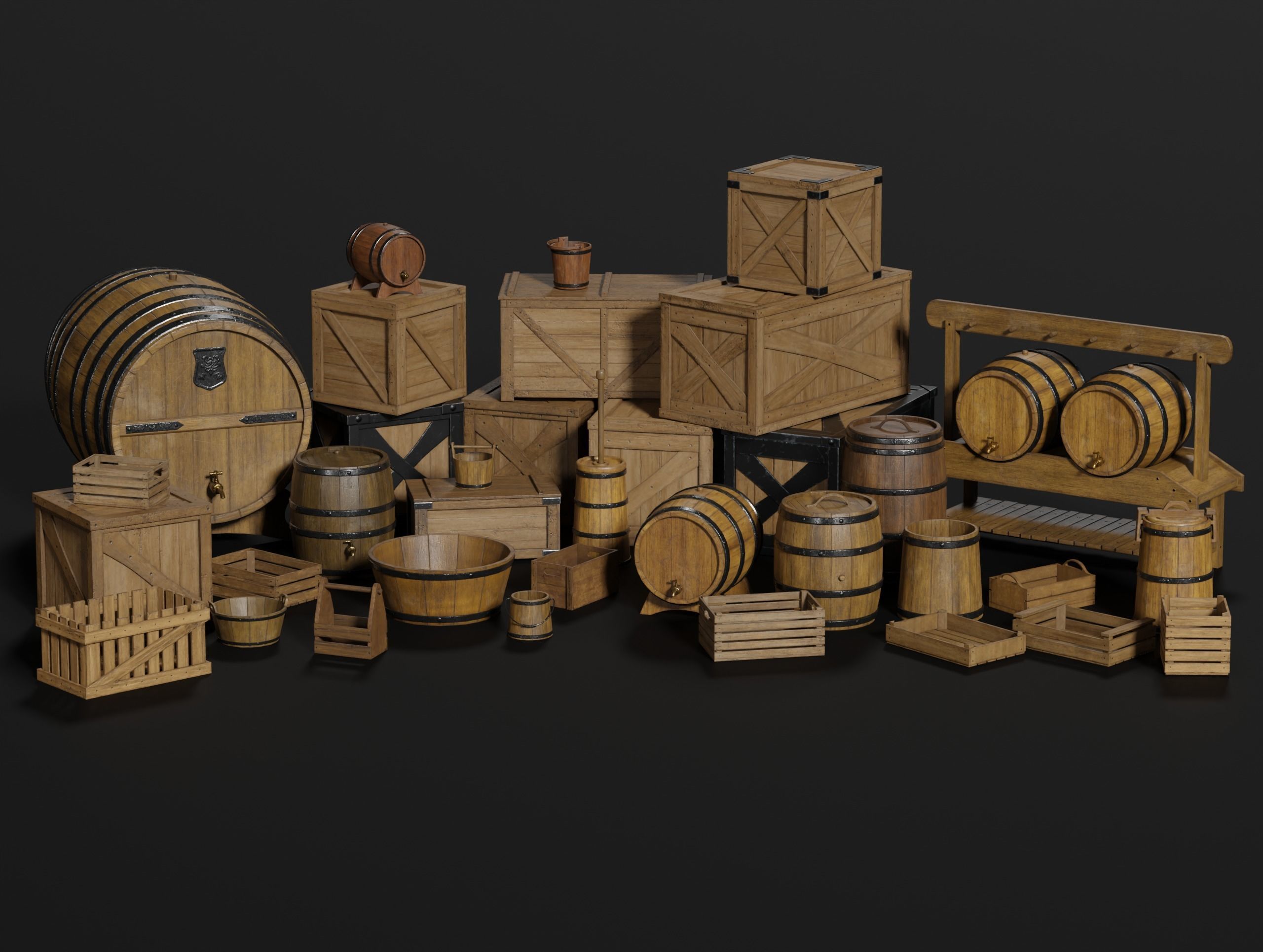 3D model LowPoly PBR 35 Wooden Crate Barrel props Pack 3D Models VR / AR / low-poly | CGTrader