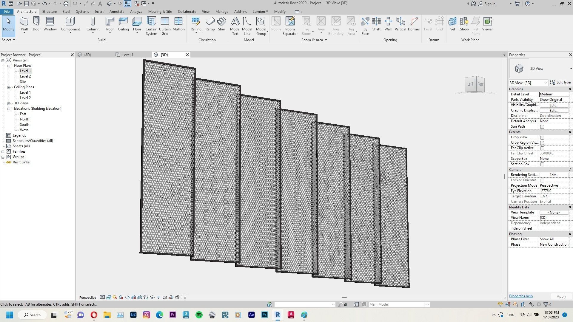 Curtain wall Revit Family - Perforated Metal Panel Sun Shading 3D model ...