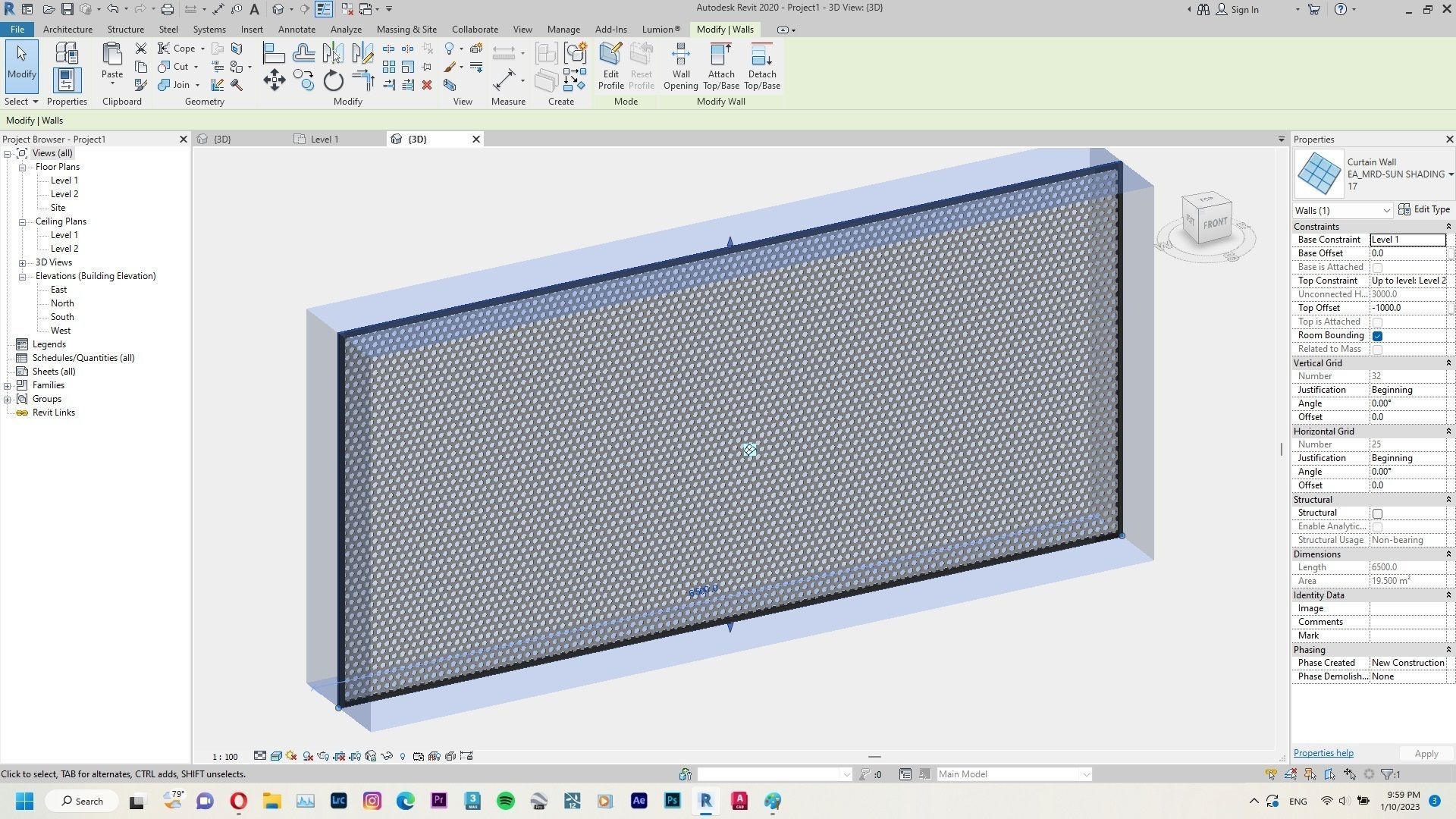 Curtain wall Revit Family - Perforated Metal Panel Sun Shading 3D model ...