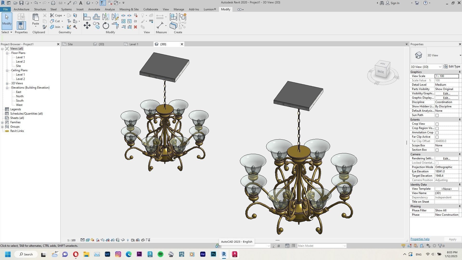 Chandelier or Classical Hanging Lamp Revit Family Interior 3D model ...