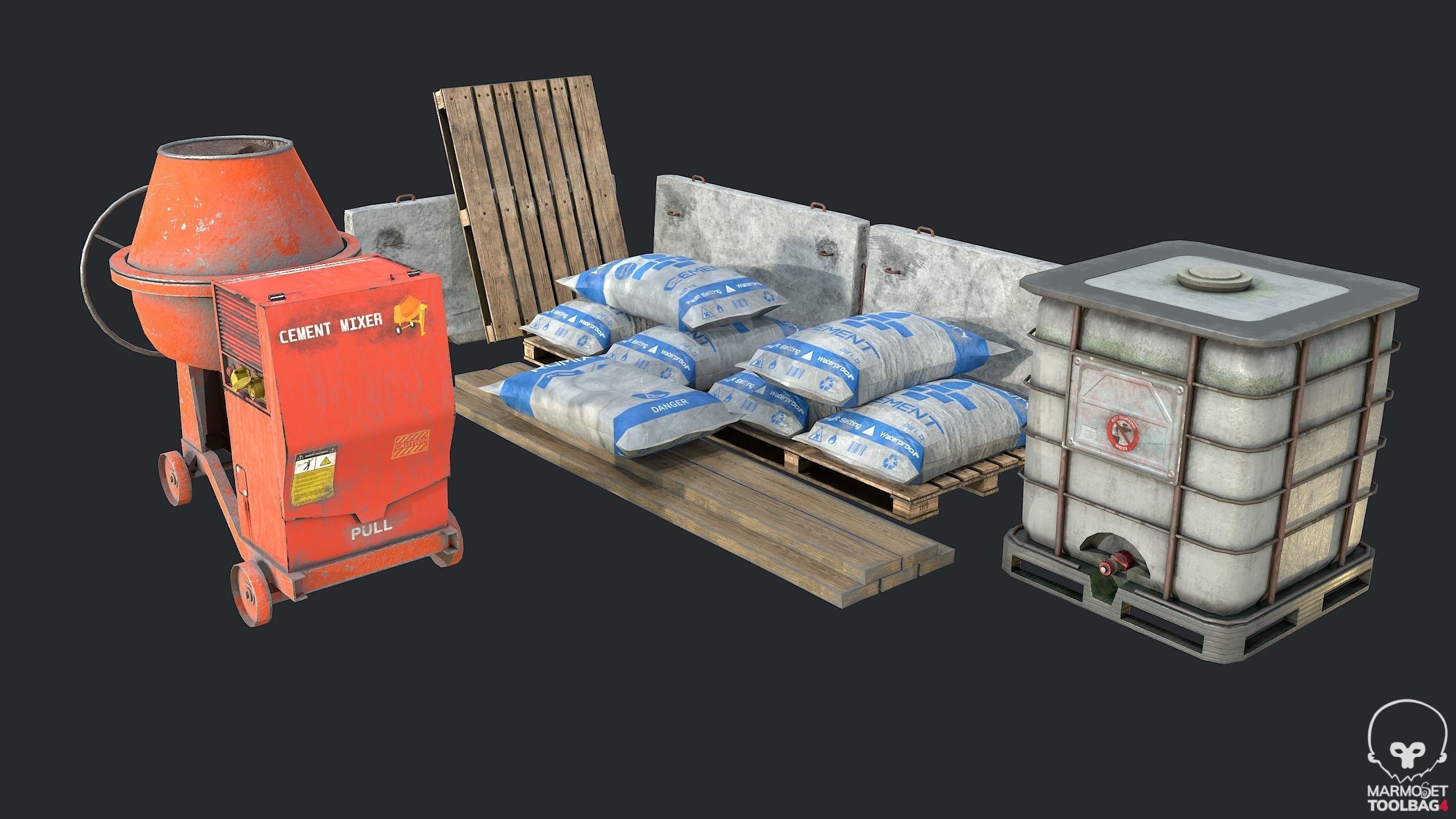 3D model Concrete Mixer - Water Tank -Pallet-Cement Bag - Concrete ...