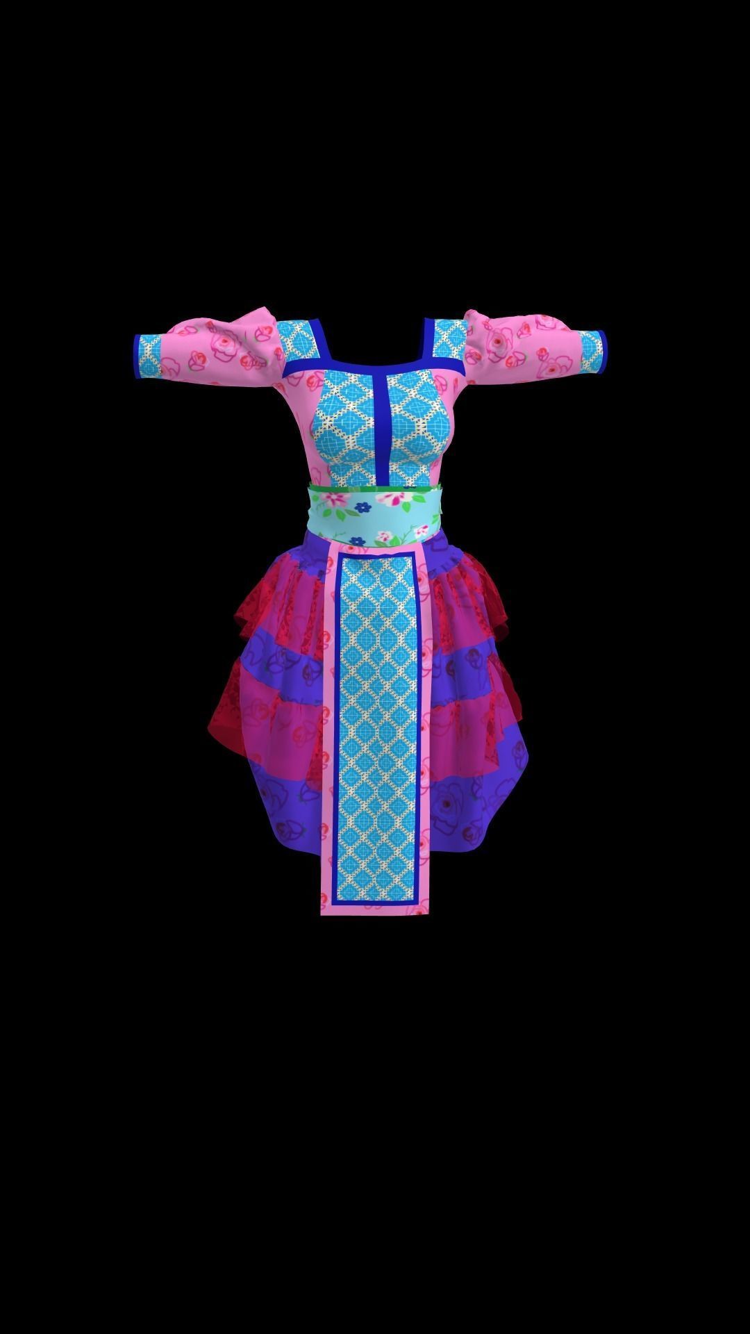 Hmong girl outfit dress blue and pink colors 3D model | CGTrader