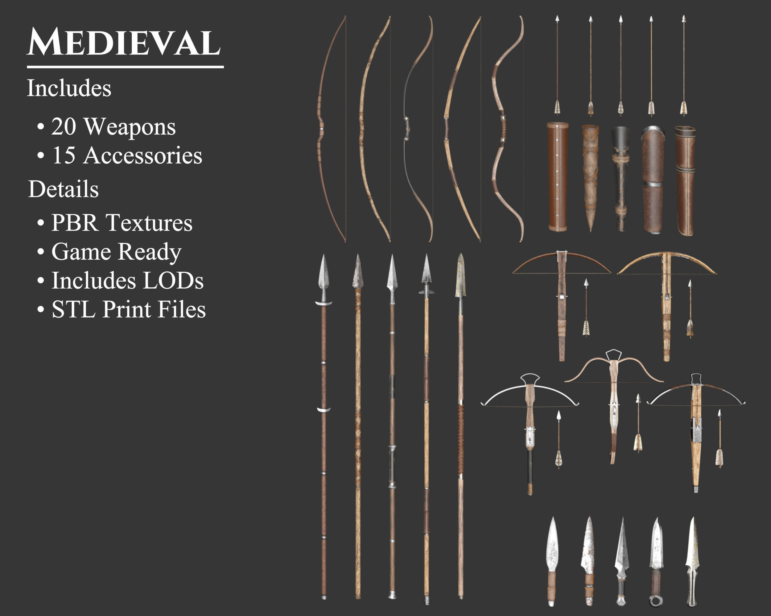 3D Model Collection Medieval Ranged Weapons Pack VR / AR / low-poly | CGTrader