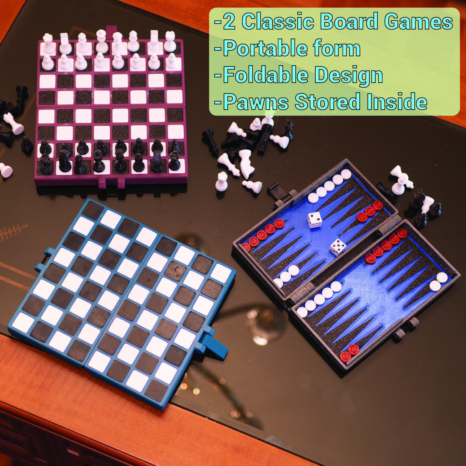 Chess and Backgammon Foldable Board and Pawns 3D model 3D printable ...