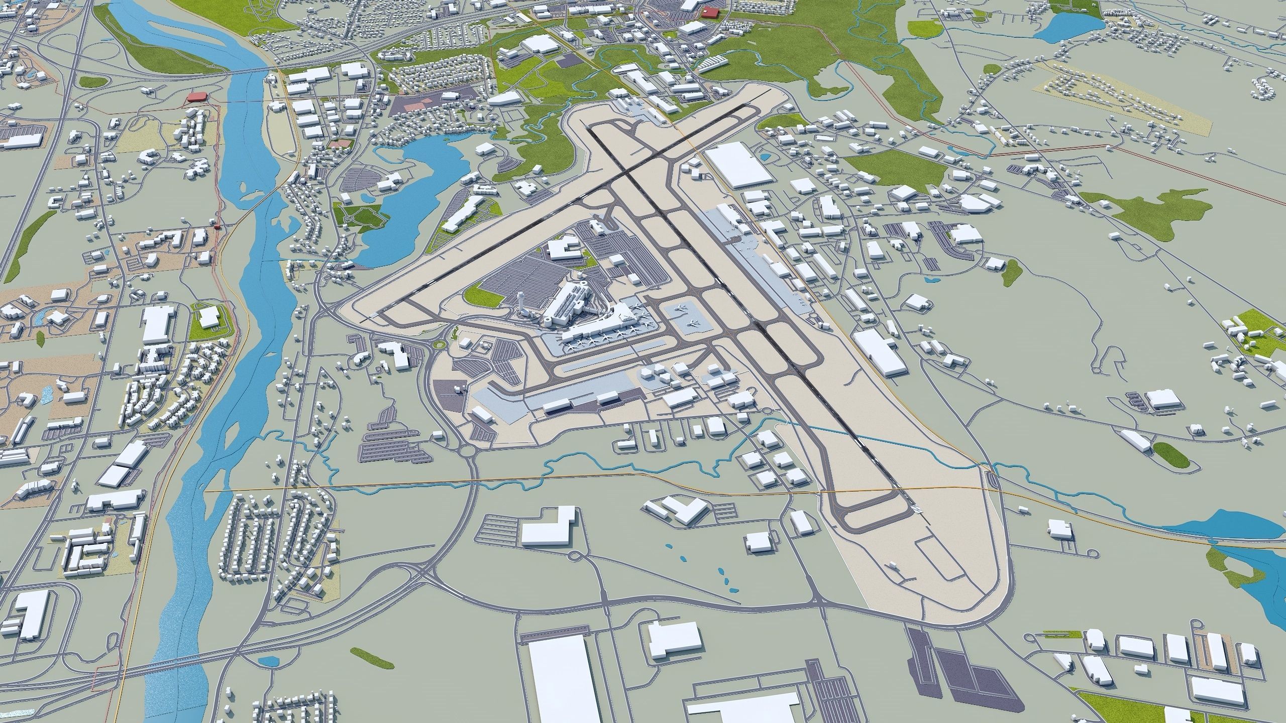 3D model Manchester Boston Regional Airport 10km VR / AR / low-poly | CGTrader