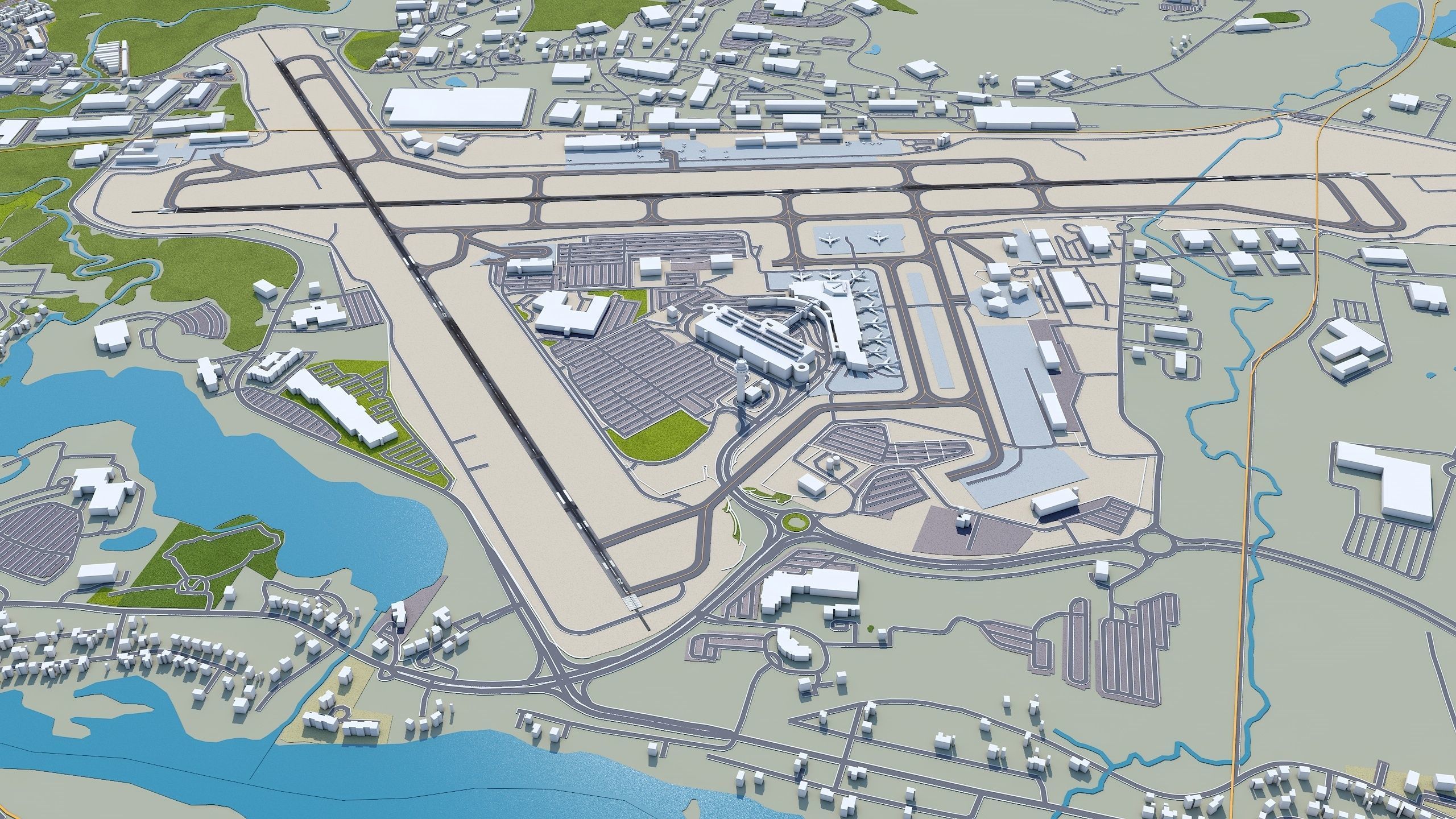 3D model Manchester Boston Regional Airport 10km VR / AR / low-poly | CGTrader