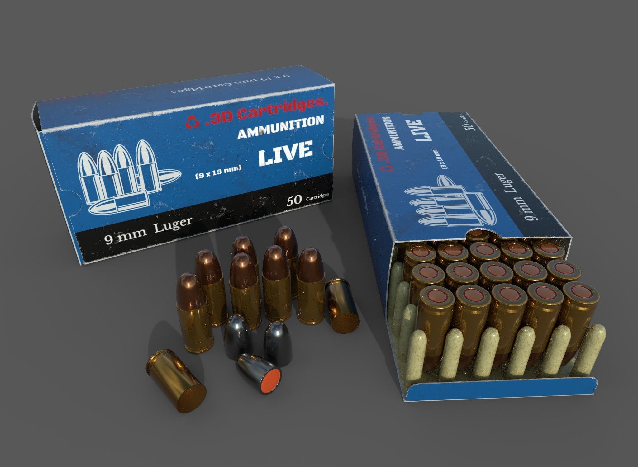 Ammo boxes and cartridges 9x19 mm 3D model | CGTrader
