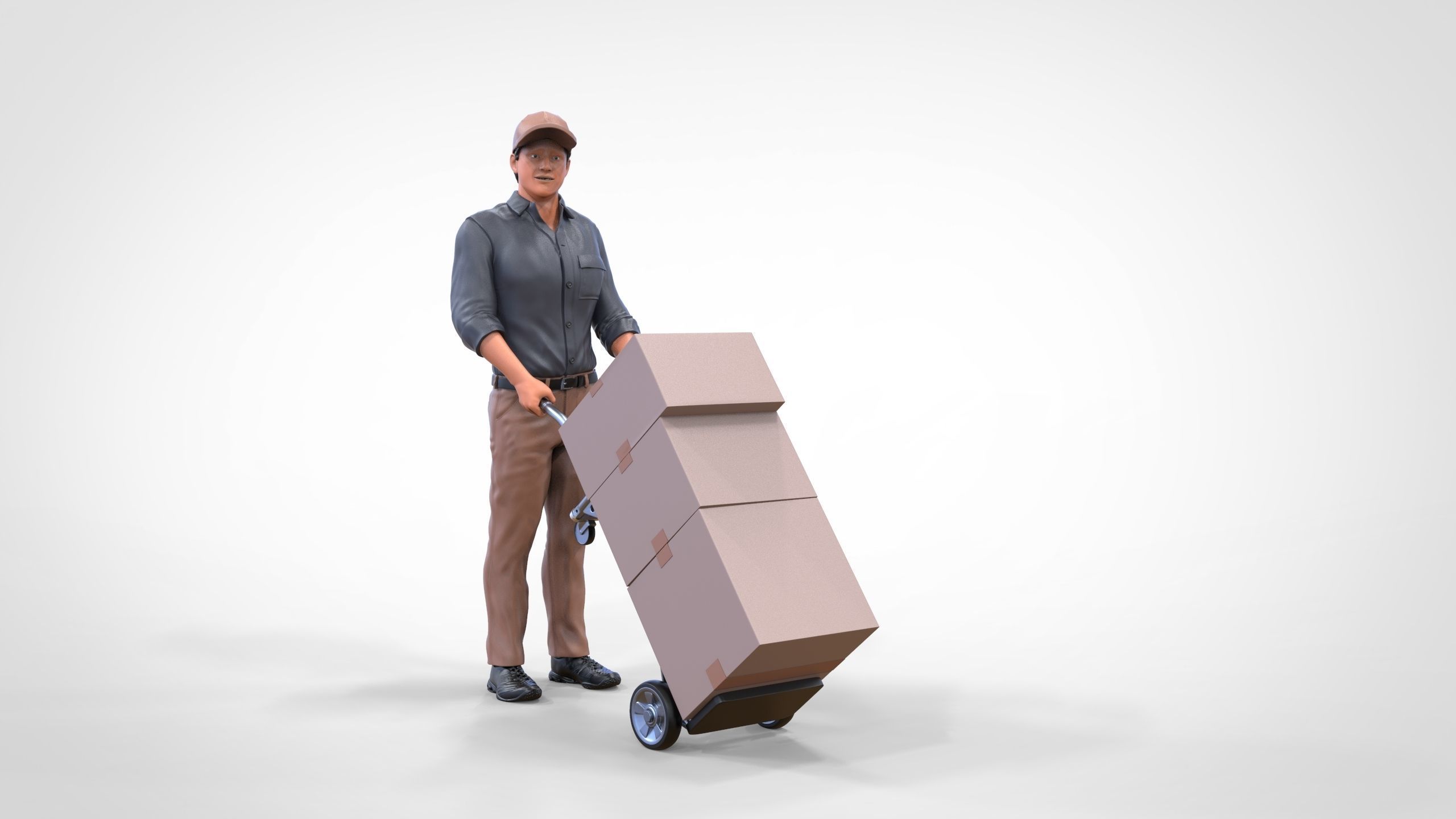 Package delivery guy with hand cart or construction worker 3D model 3D ...