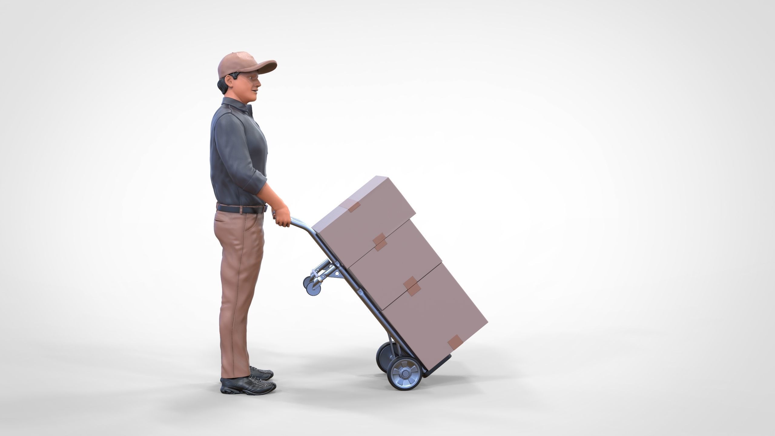 Package delivery guy with hand cart or construction worker 3D model 3D ...