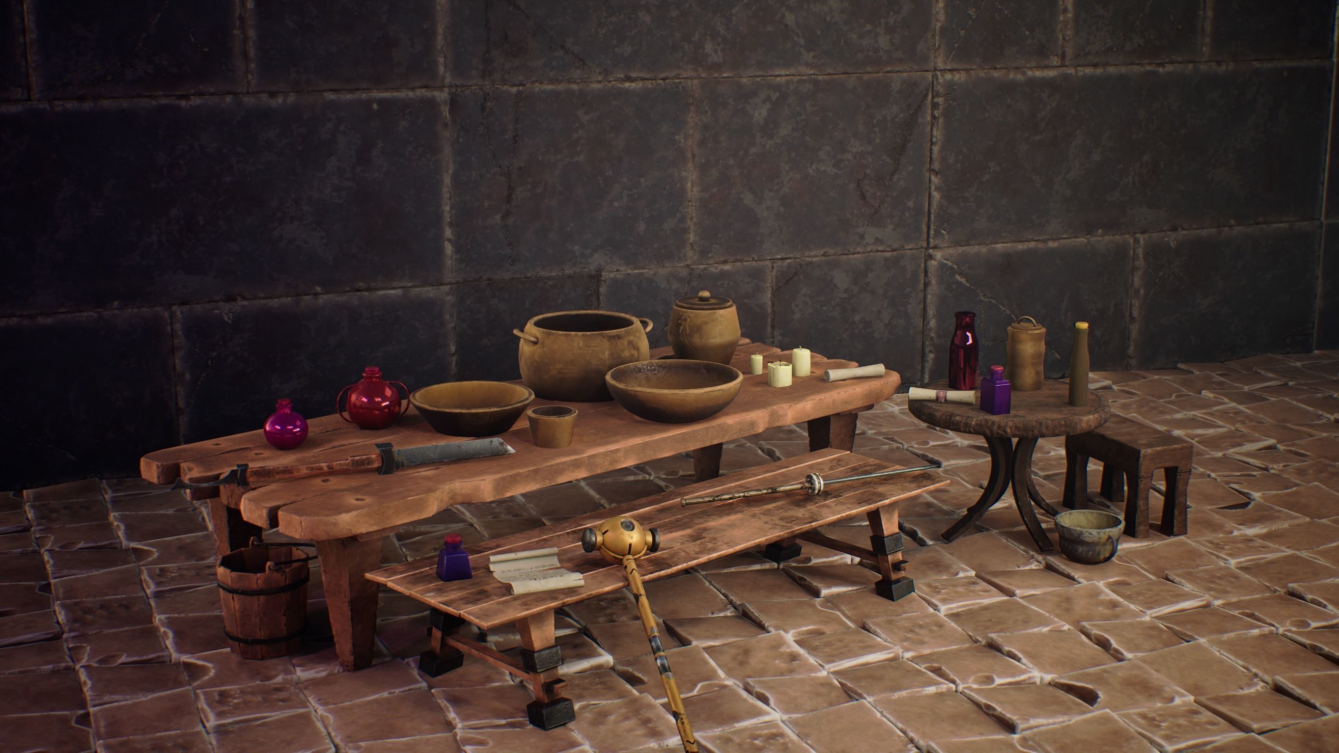 3D model Stylized utensils potion bottles and weapons VR / AR / low ...