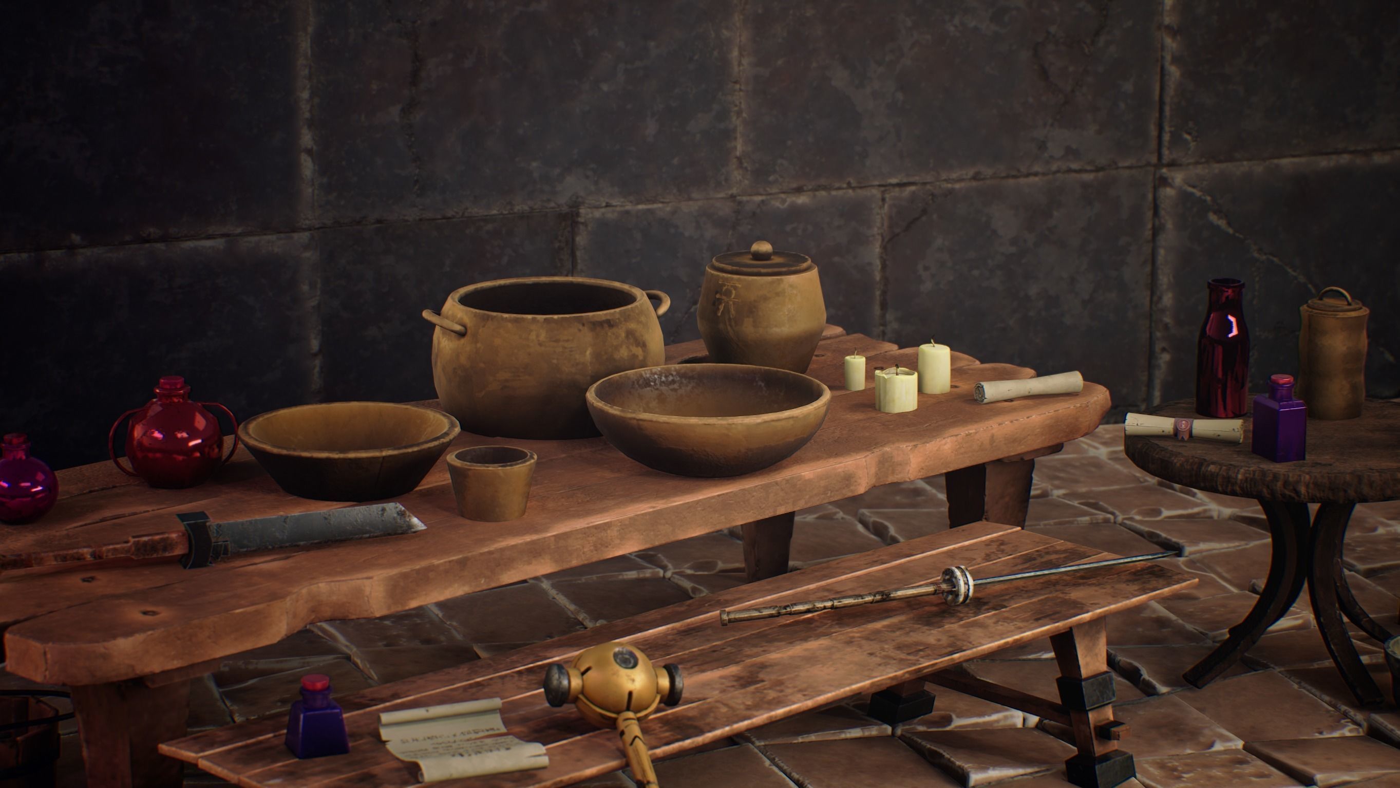 3D model Stylized utensils potion bottles and weapons VR / AR / low ...