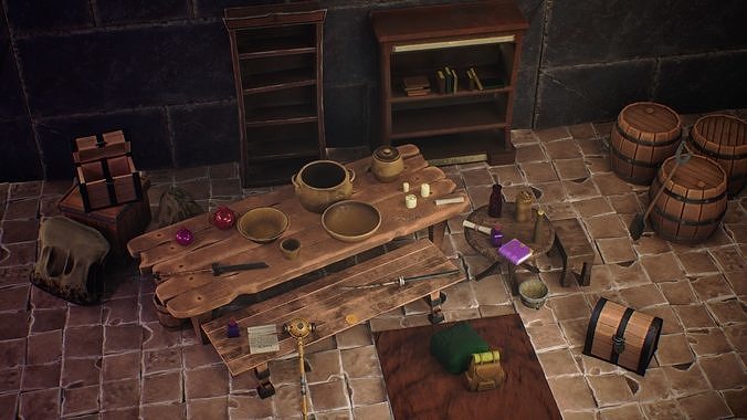 3D model Stylized utensils potion bottles weapons boxes and bookshelves ...