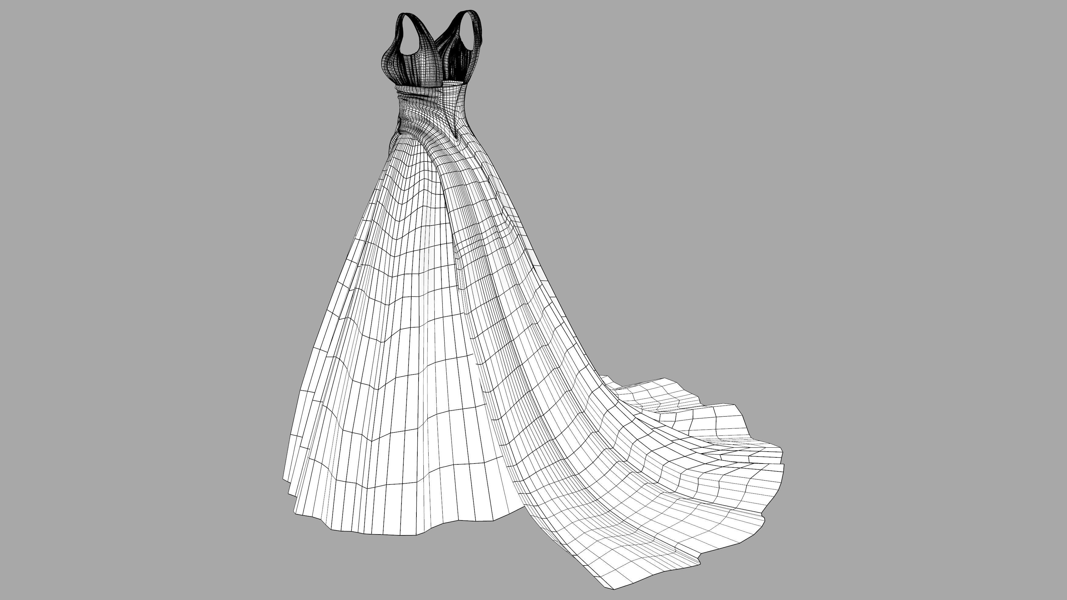 3D model A Line Deep V Neck Corset Back Satin Ruched Wedding Dress VR / AR / low-poly | CGTrader