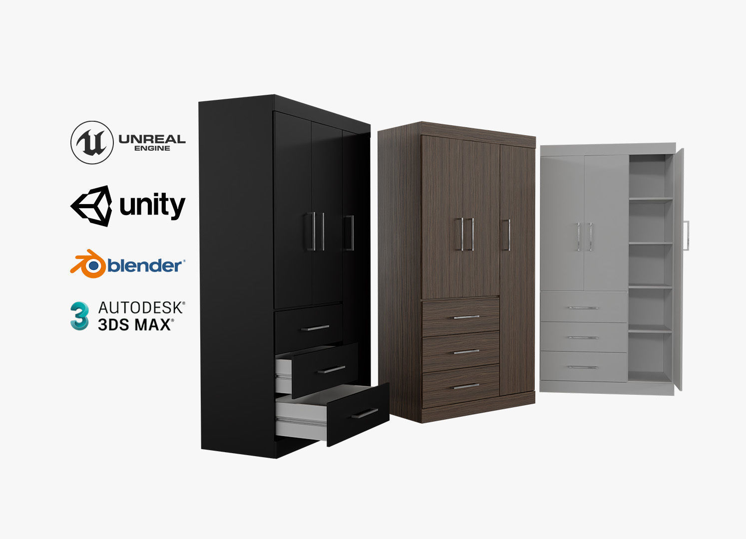 3D model Simple low polly Wardrobe 3 drawers 3 doors VR / AR / low-poly ...