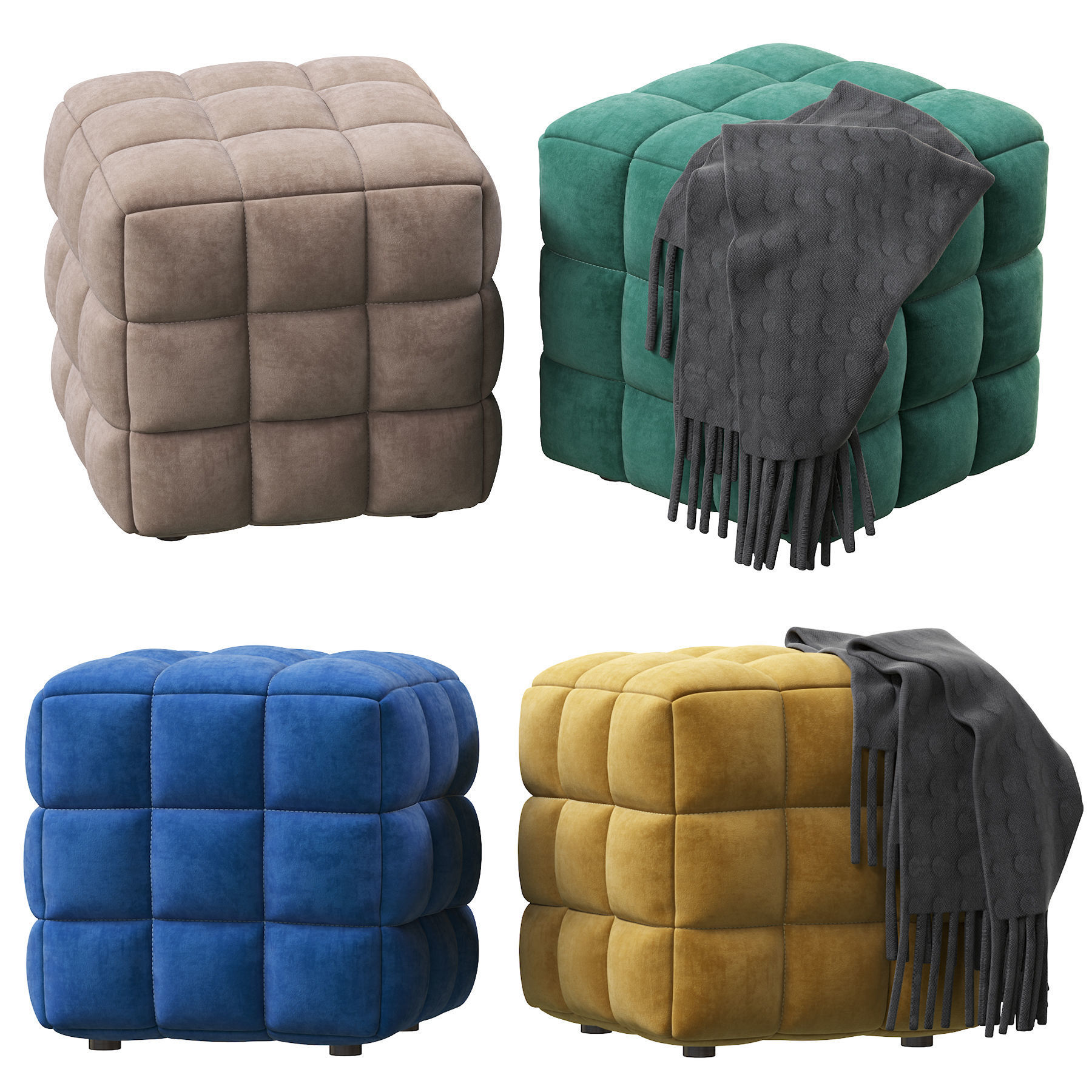 BLUE VELVET TUFTED CUBE FOOTSTOOL OTTOMAN 3D model | CGTrader