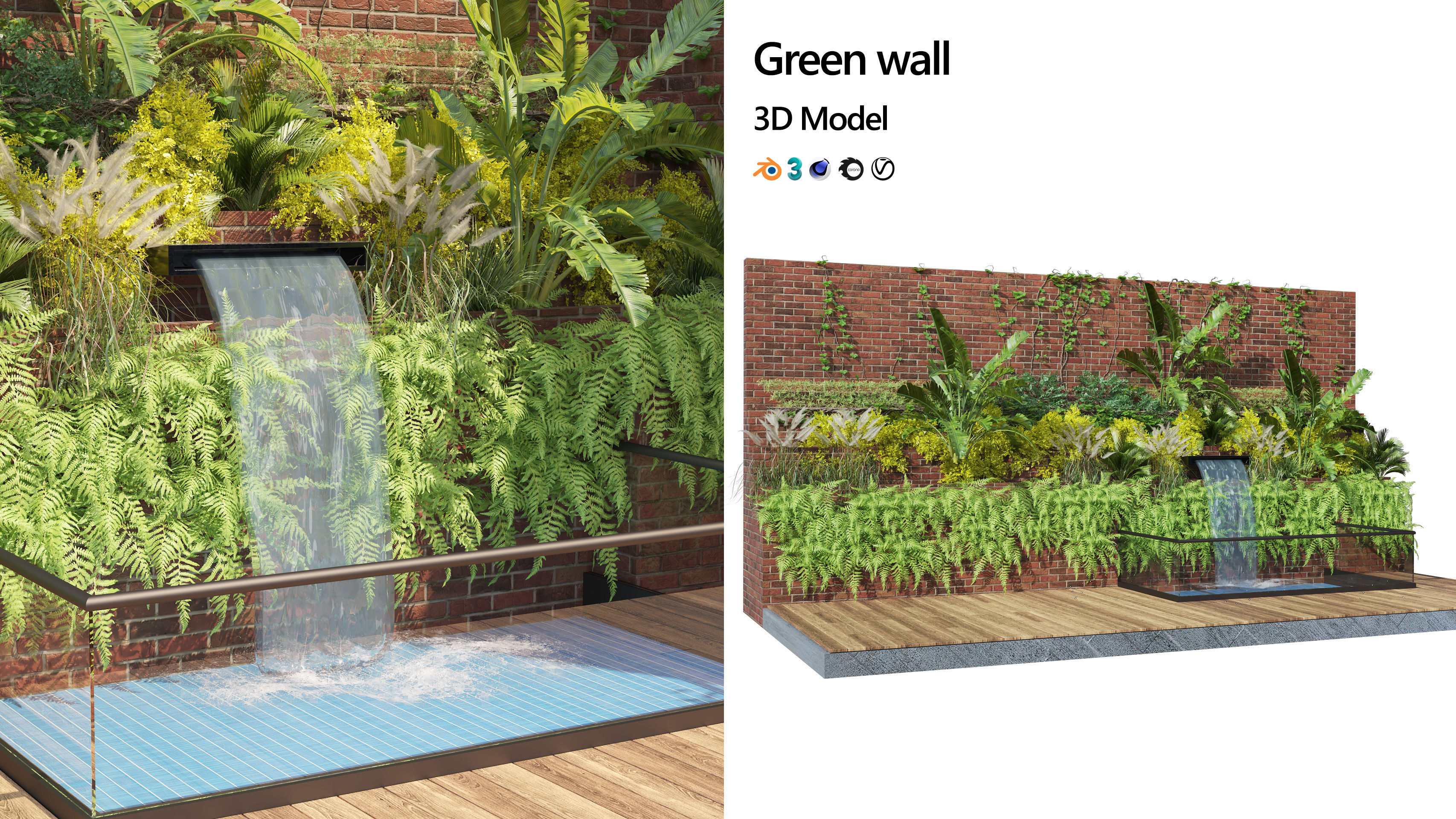 Green wall with water pool 3D model | CGTrader