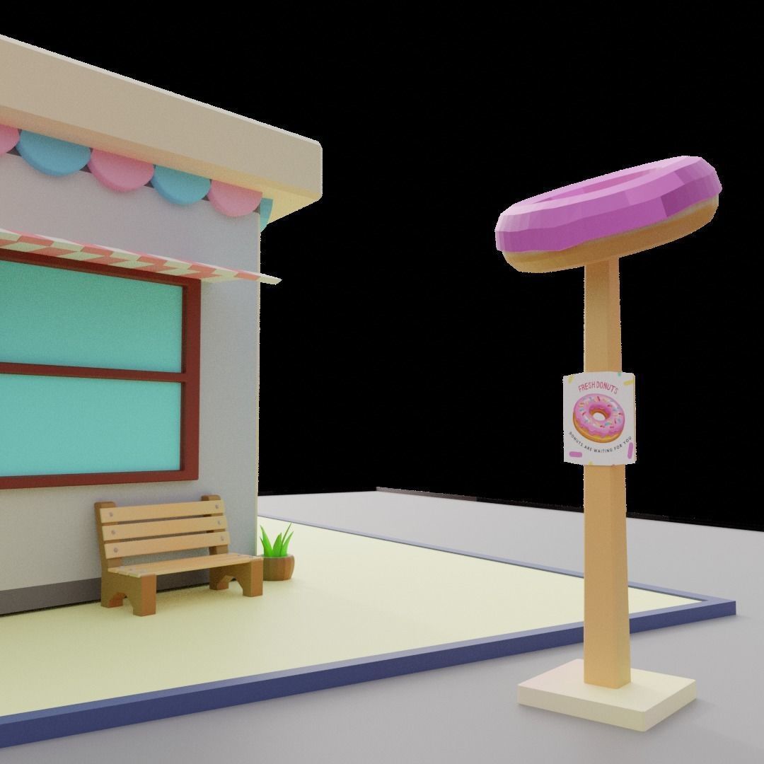 3D model Low Poly Patisserie donut shop with tables and chairs VR / AR ...