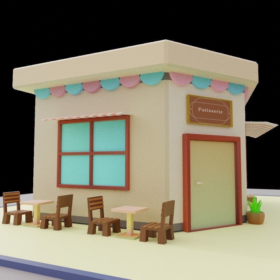 3D model Low Poly Patisserie donut shop with tables and chairs VR / AR ...