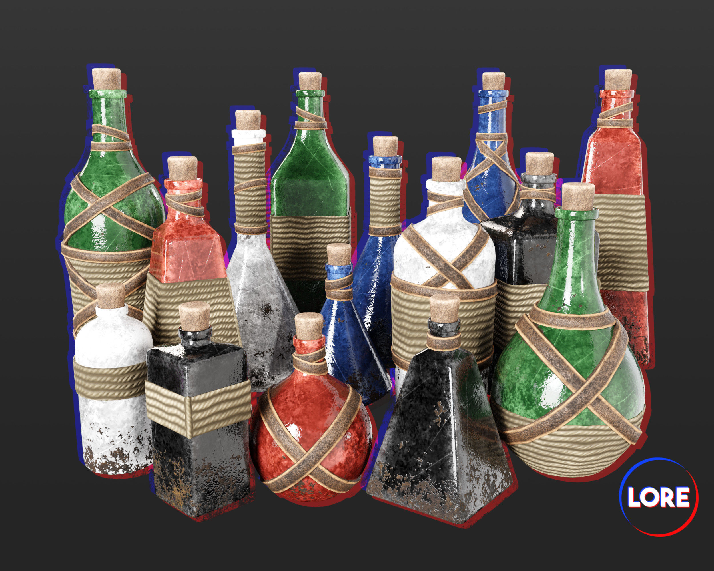 3D model Medieval Containers Glass Bottles and Potions VR / AR / low ...