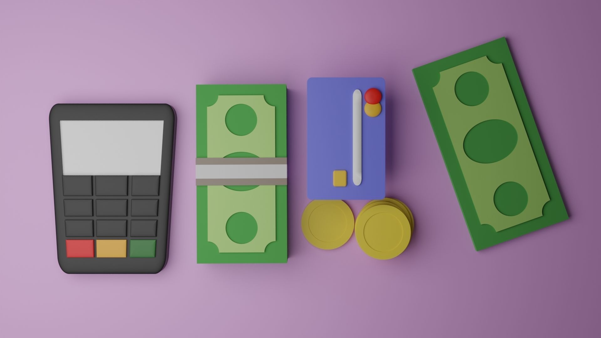 3D model Low poly money set with payment pos terminal and credit card ...
