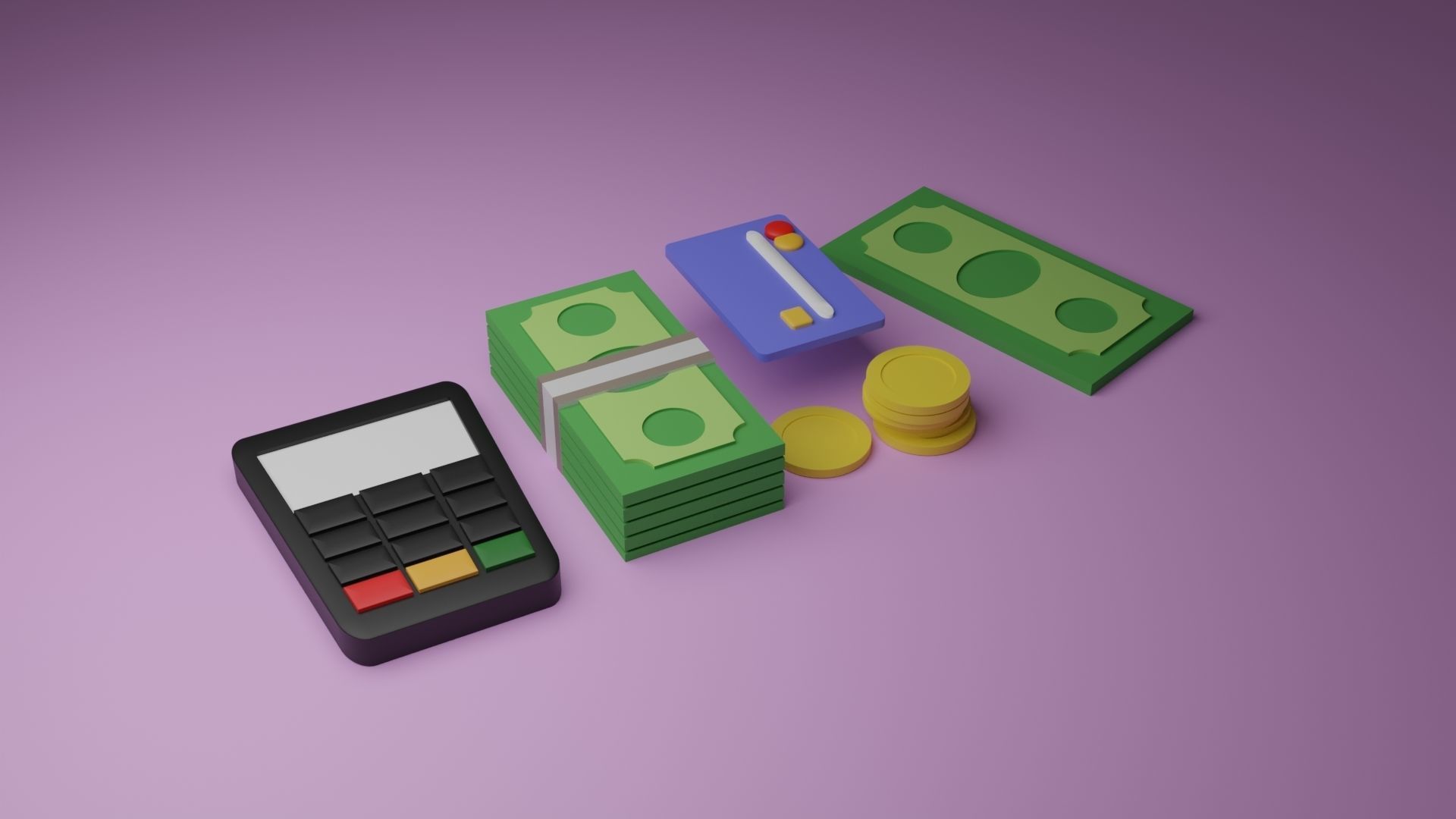 3D model Low poly money set with payment pos terminal and credit card ...
