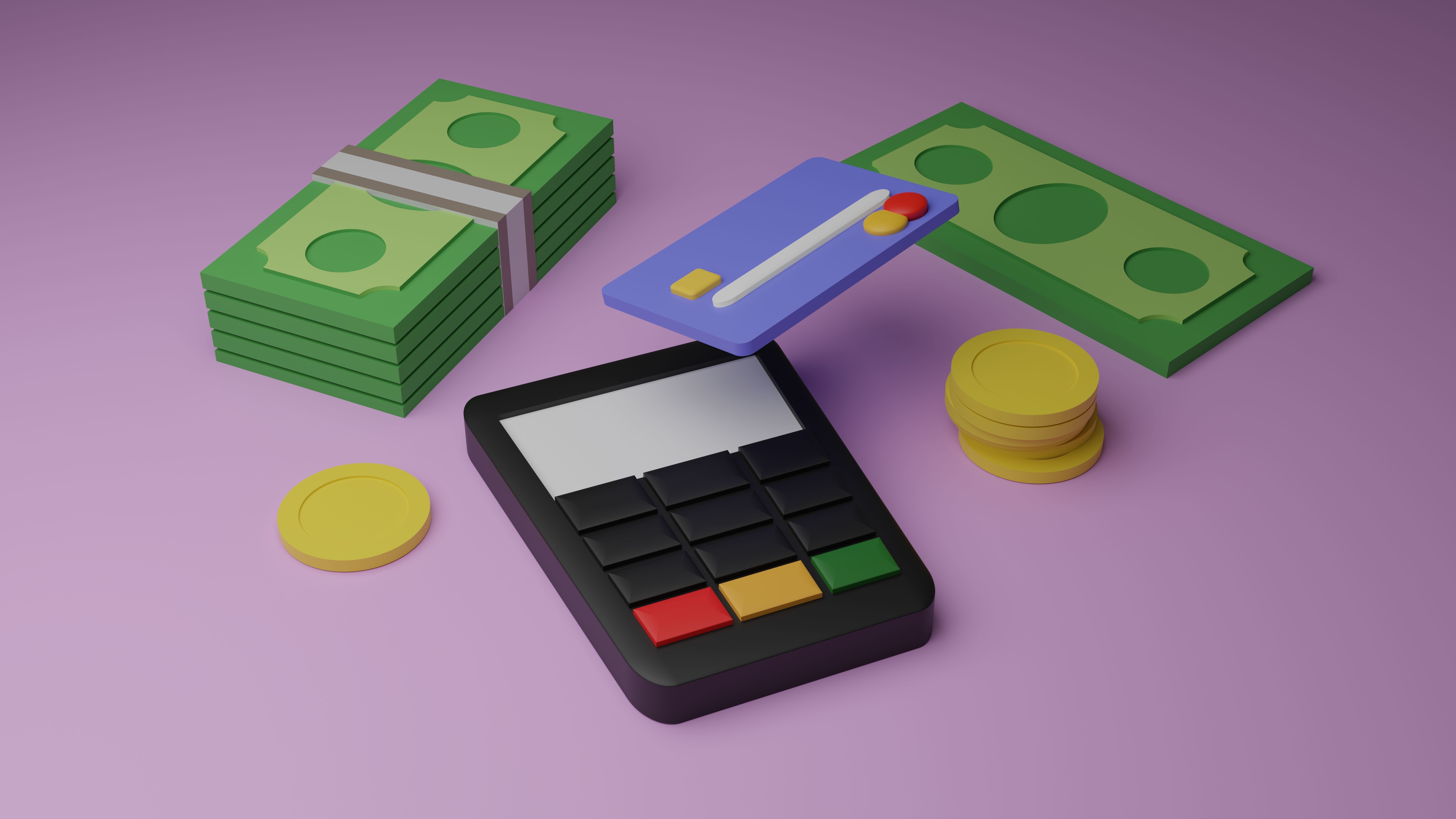 3D model Low poly money set with payment pos terminal and credit card ...