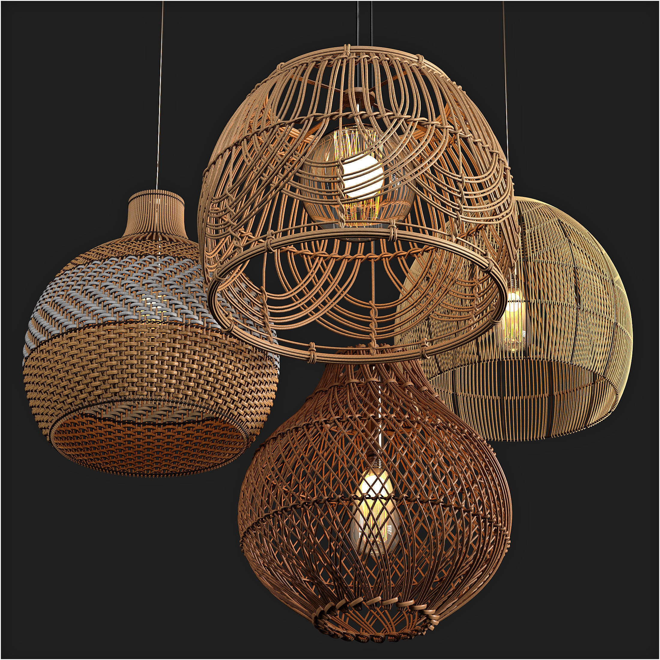 4 Rattan Pendant Lights 3D model | CGTrader