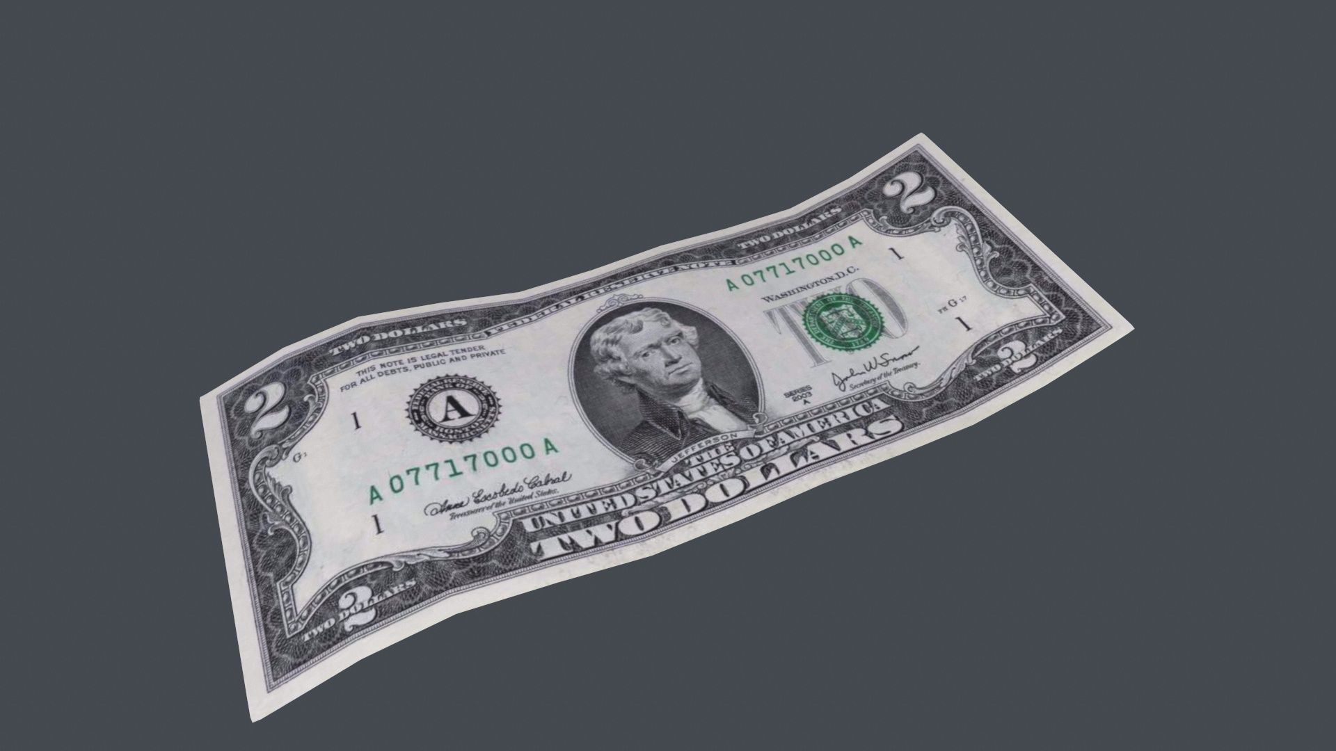 3D model 2 Dollar Bill 3D Model VR / AR / low-poly | CGTrader