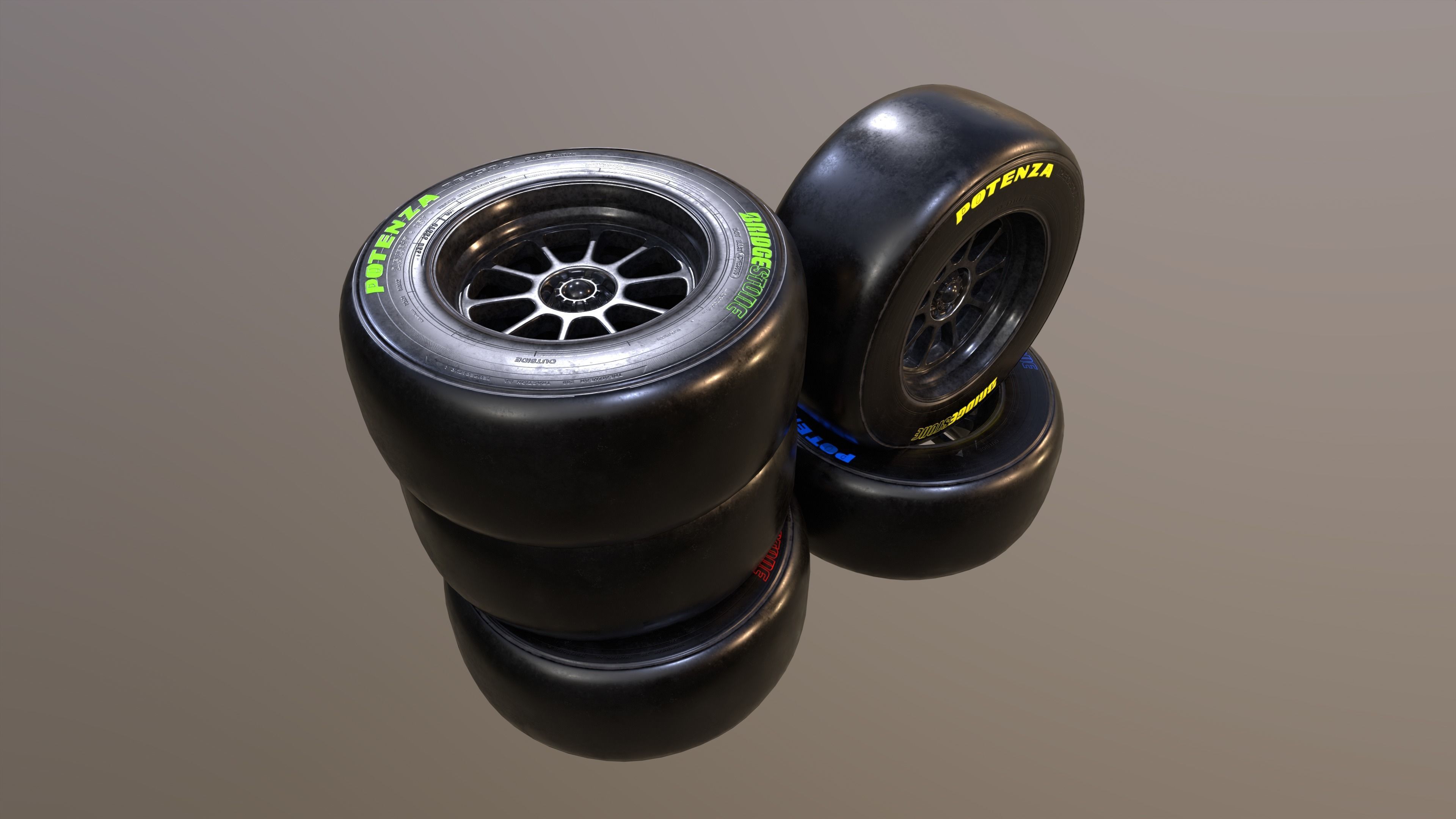 3D model F1 wheels potenza bridgestone game ready VR / AR / low-poly ...