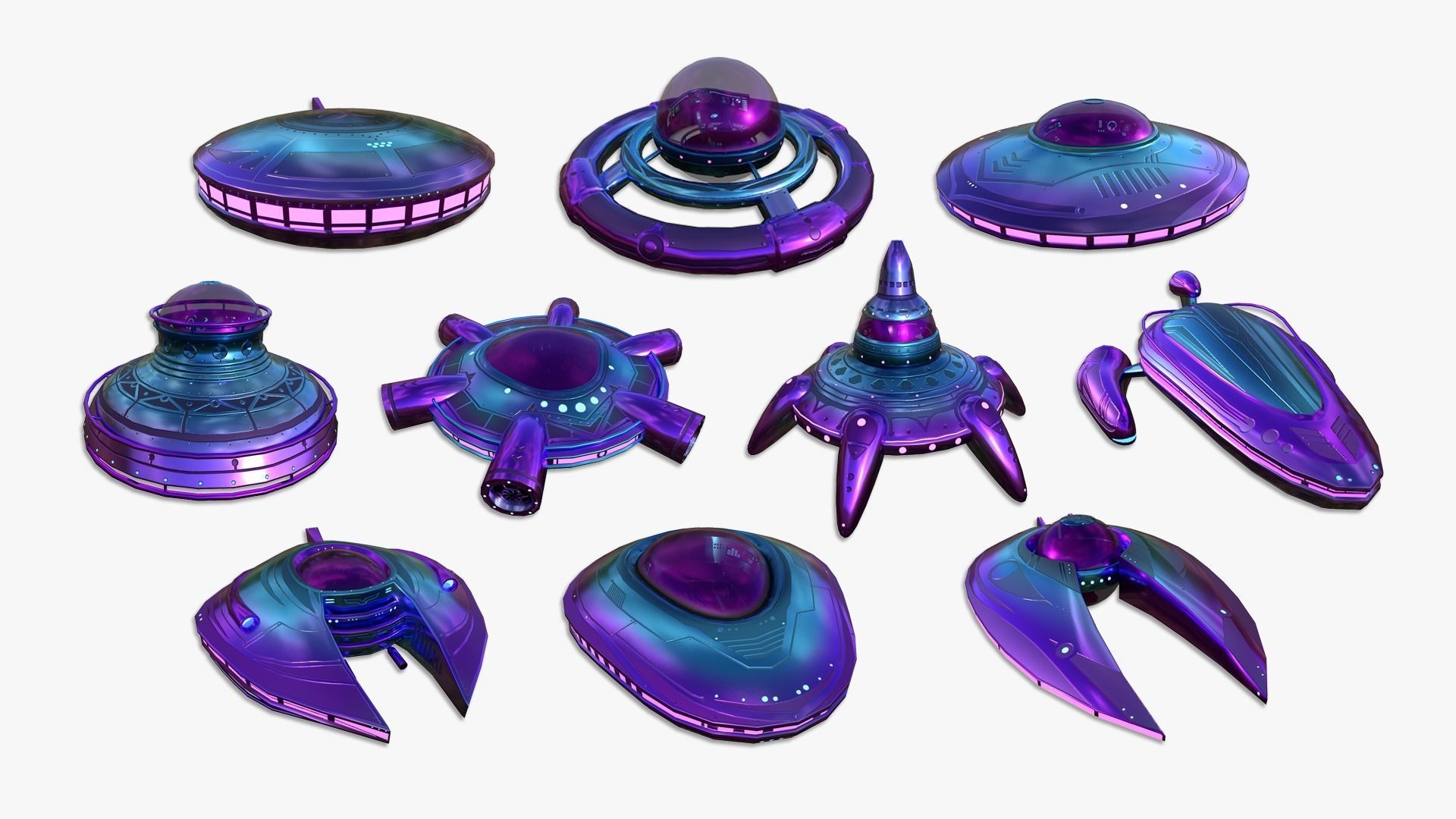 10 Alien Spaceships UFO Collection D Purple Blue - Spacecraft VR / AR ...