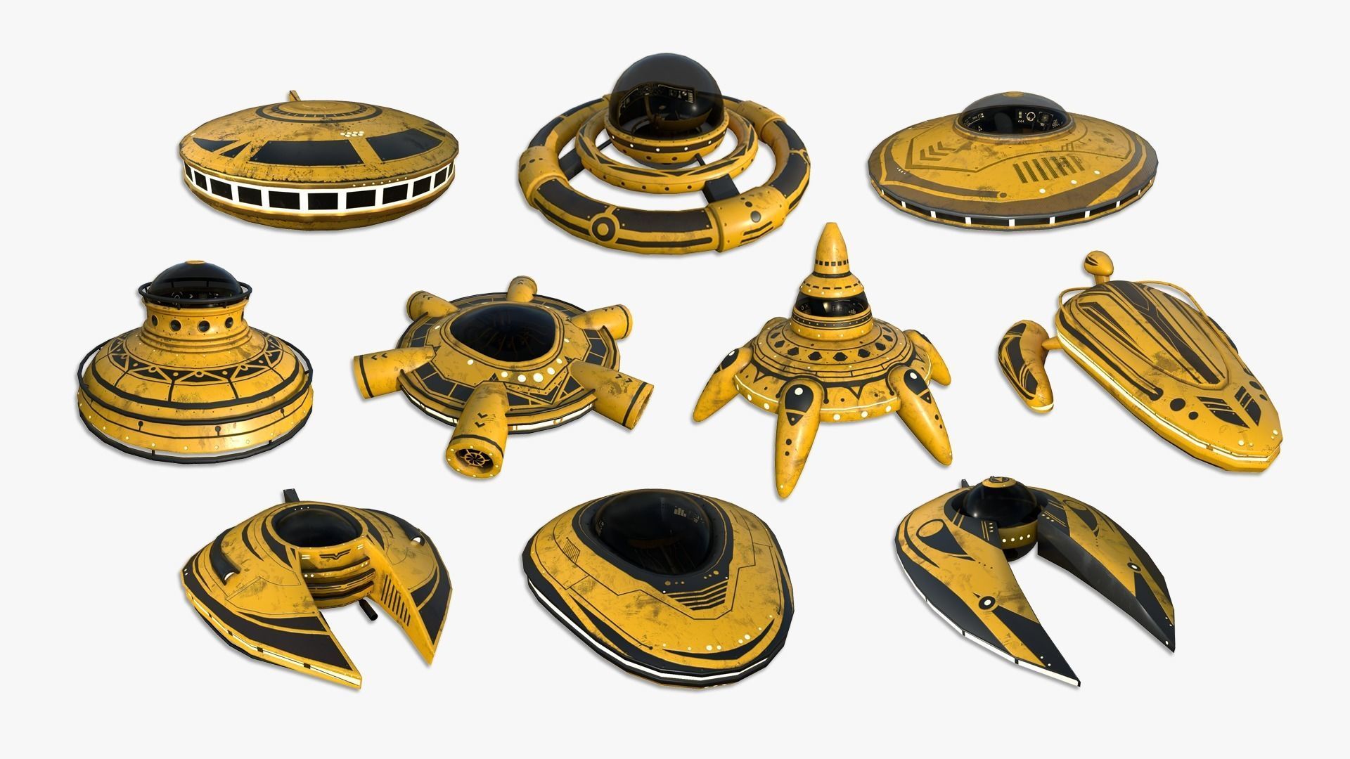 10 Alien Spaceships UFO Collection H Yellow - Spacecraft Design VR / AR ...