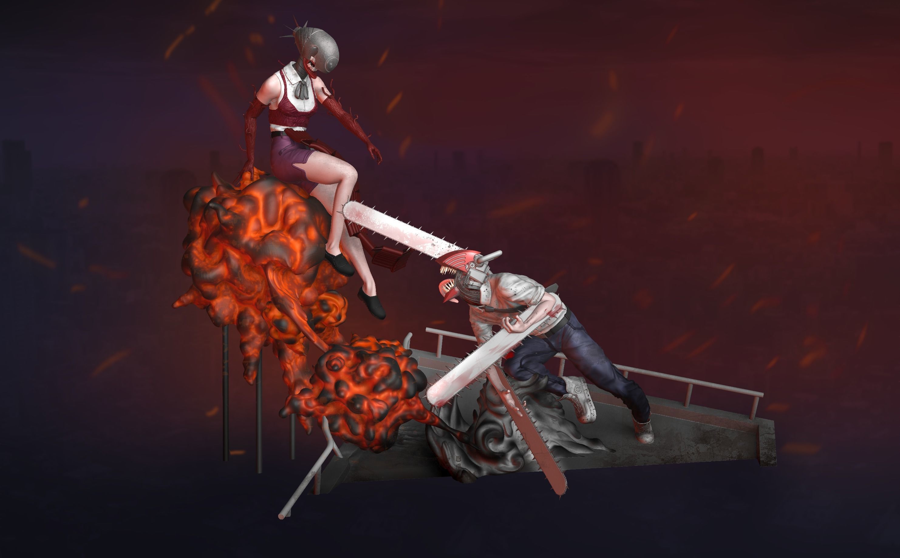 Chainsaw Man Denji Vs Reze Diorama Statue 3D model 3D printable | CGTrader