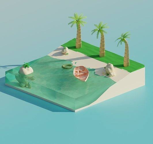 Beach island with palm trees and boat 3D model | CGTrader