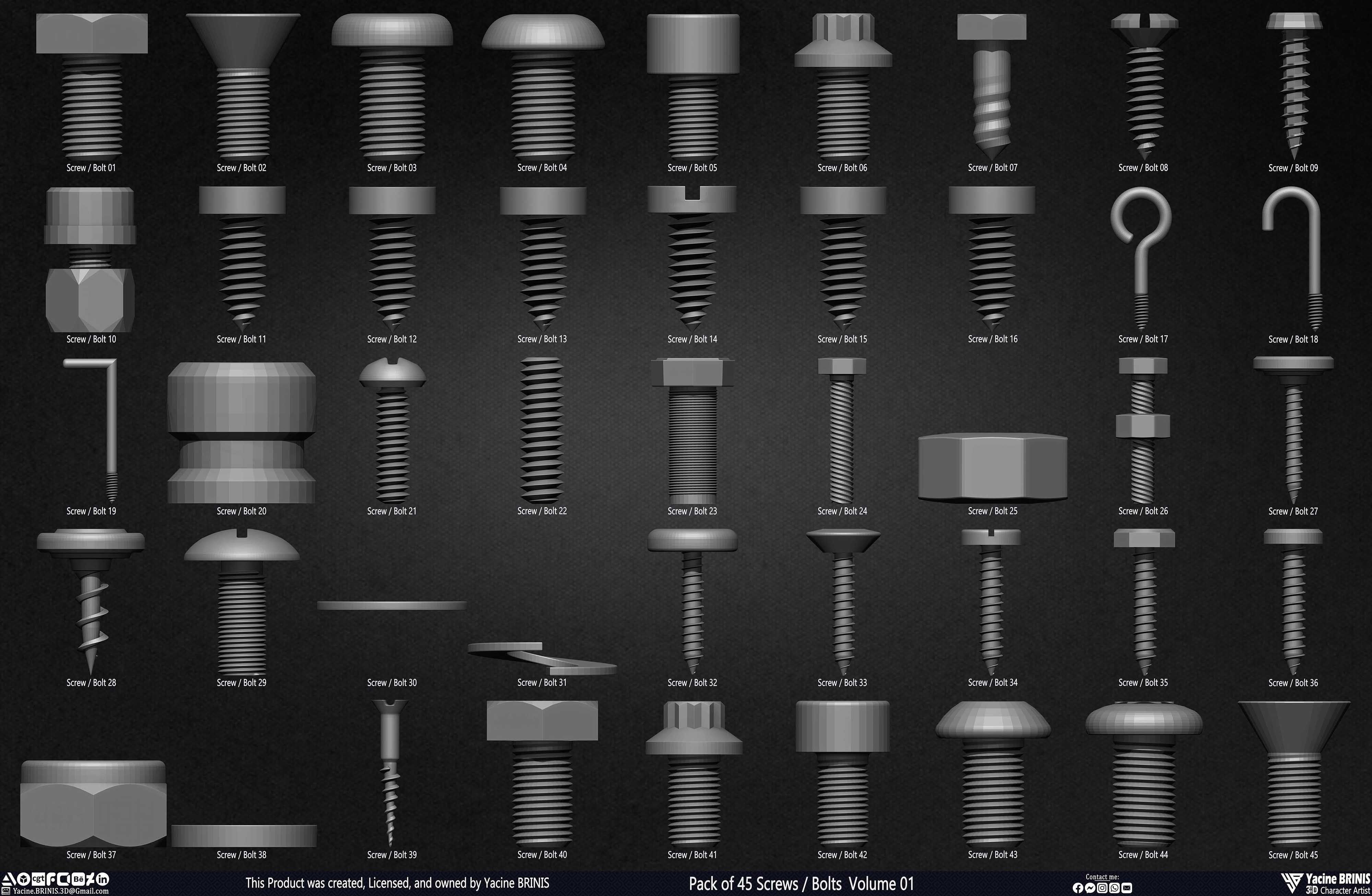 3D model Pack of 45 Screws-Bolts Volume 01 VR / AR / low-poly | CGTrader