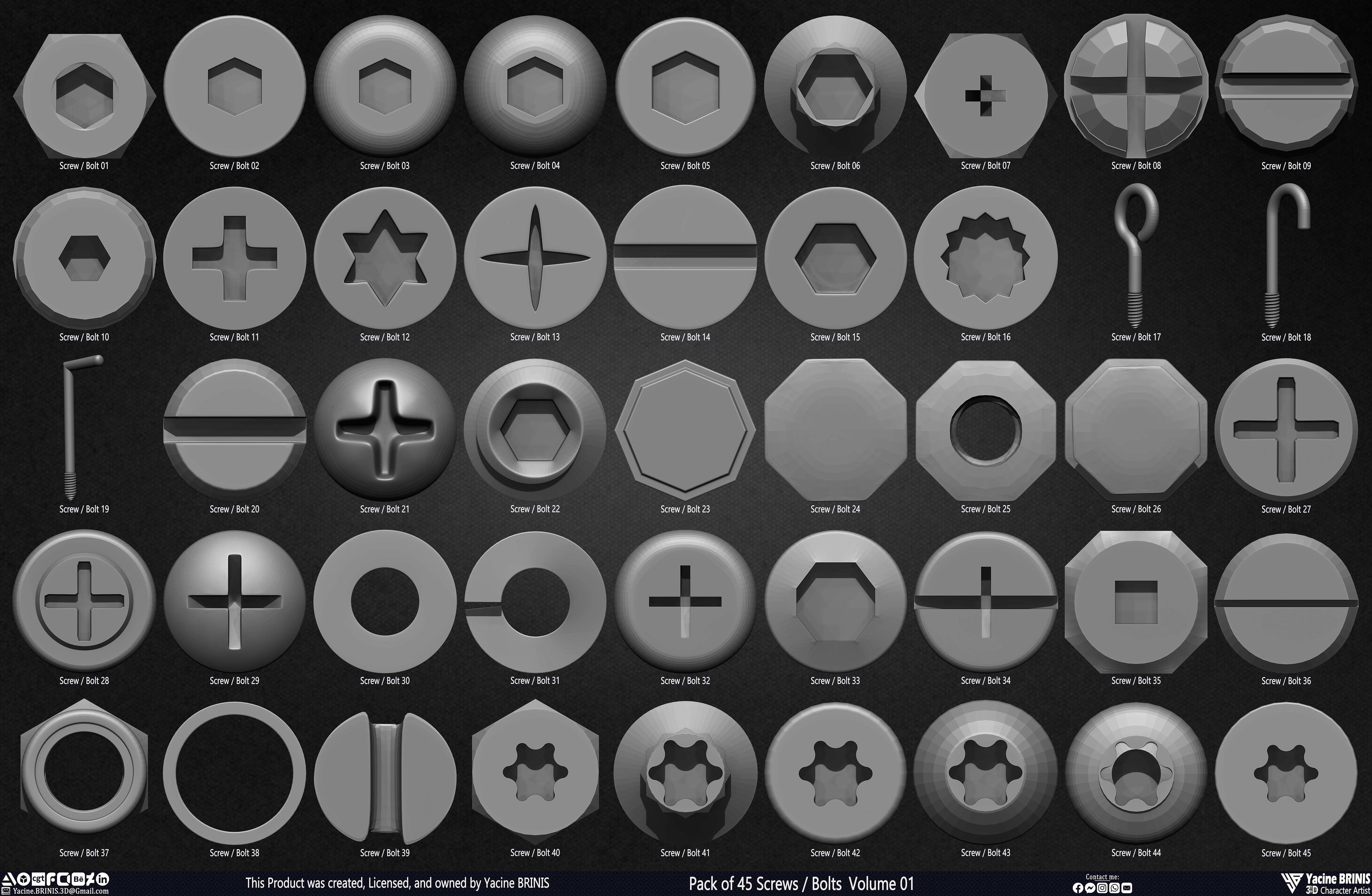 3D model Pack of 45 Screws-Bolts Volume 01 VR / AR / low-poly | CGTrader