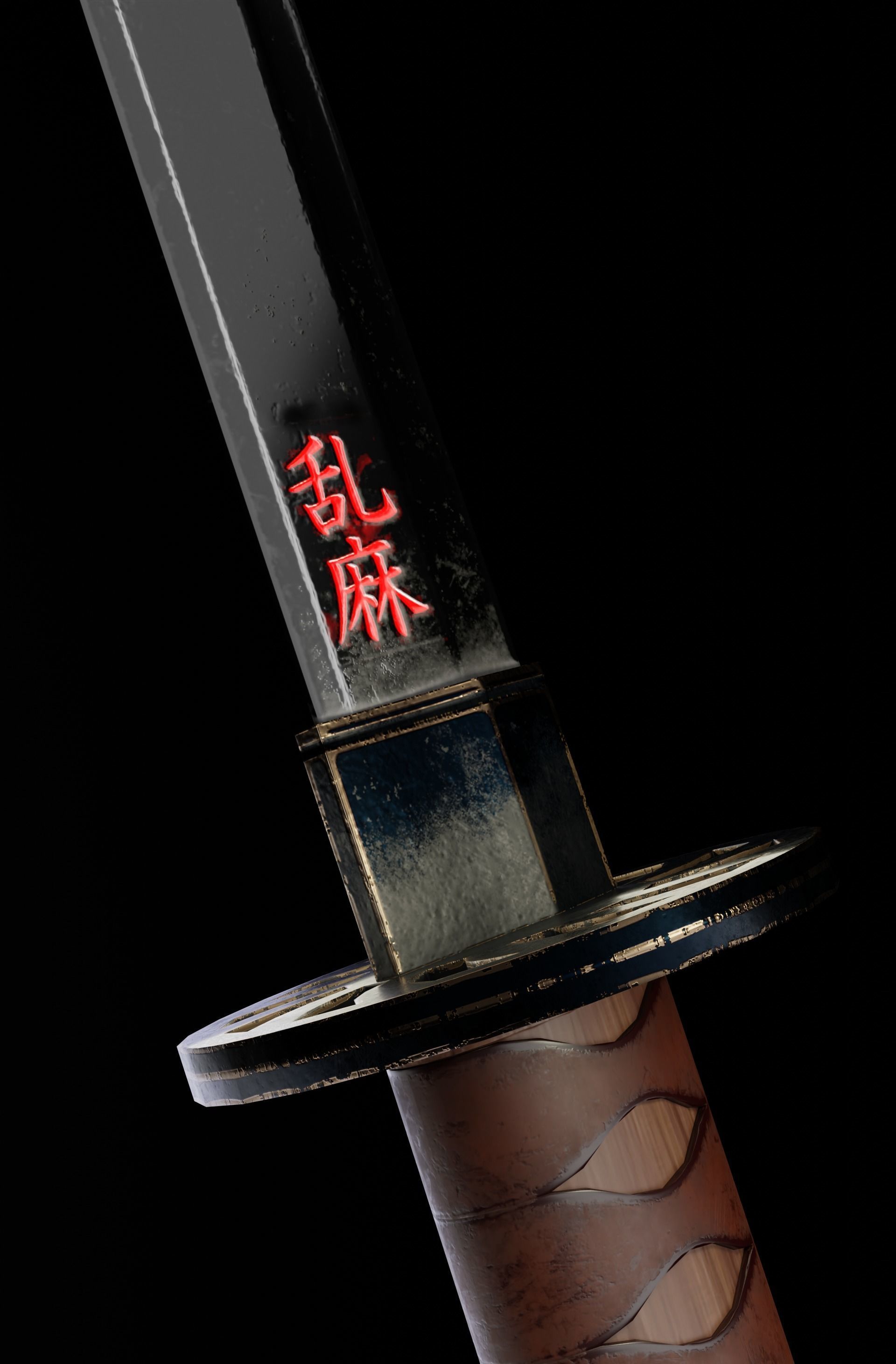 3D model Katana with magic symbols hieroglyphs on blade gameready VR ...