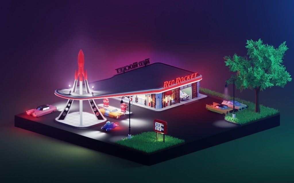 3D model Low poly Red Rocket Station diorama VR / AR / low-poly | CGTrader