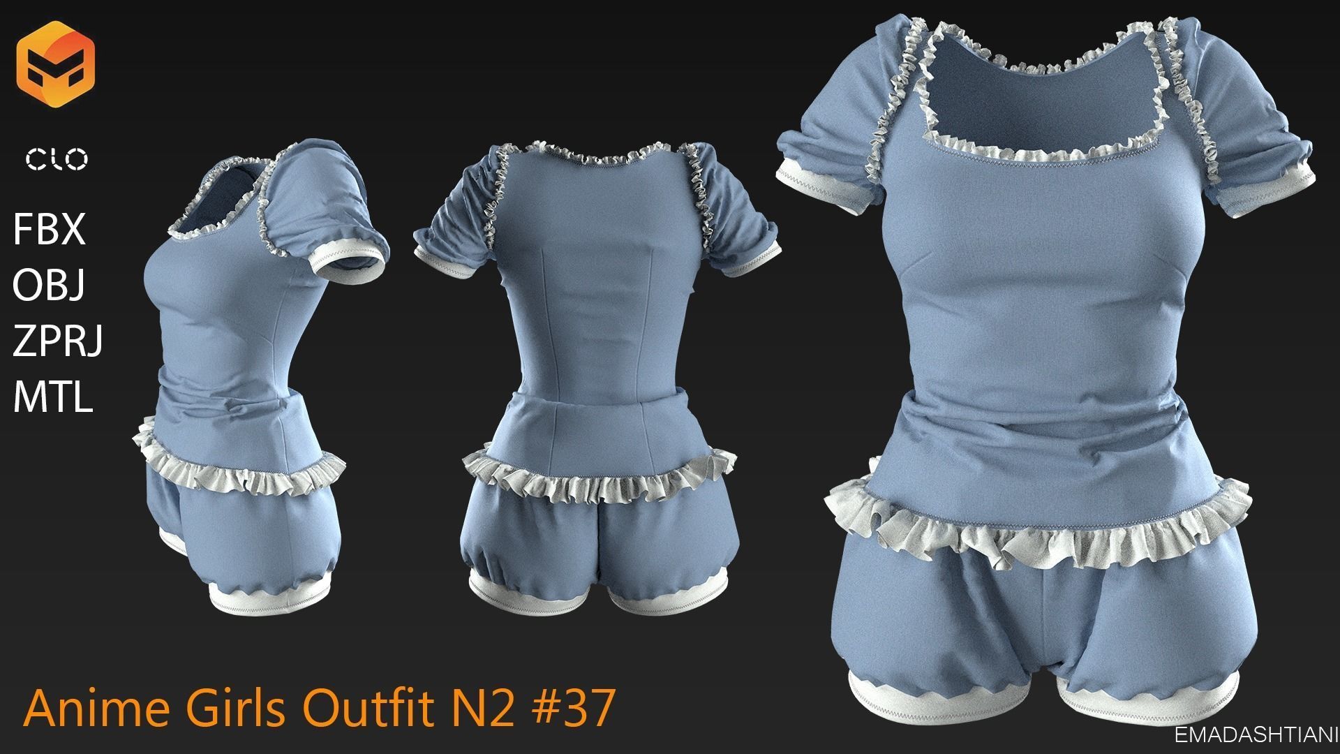 Anime Girls Outfit N2 37 MarvelousDesignerCLO3D ZPRJ FBX OBJ MTL 3D ...