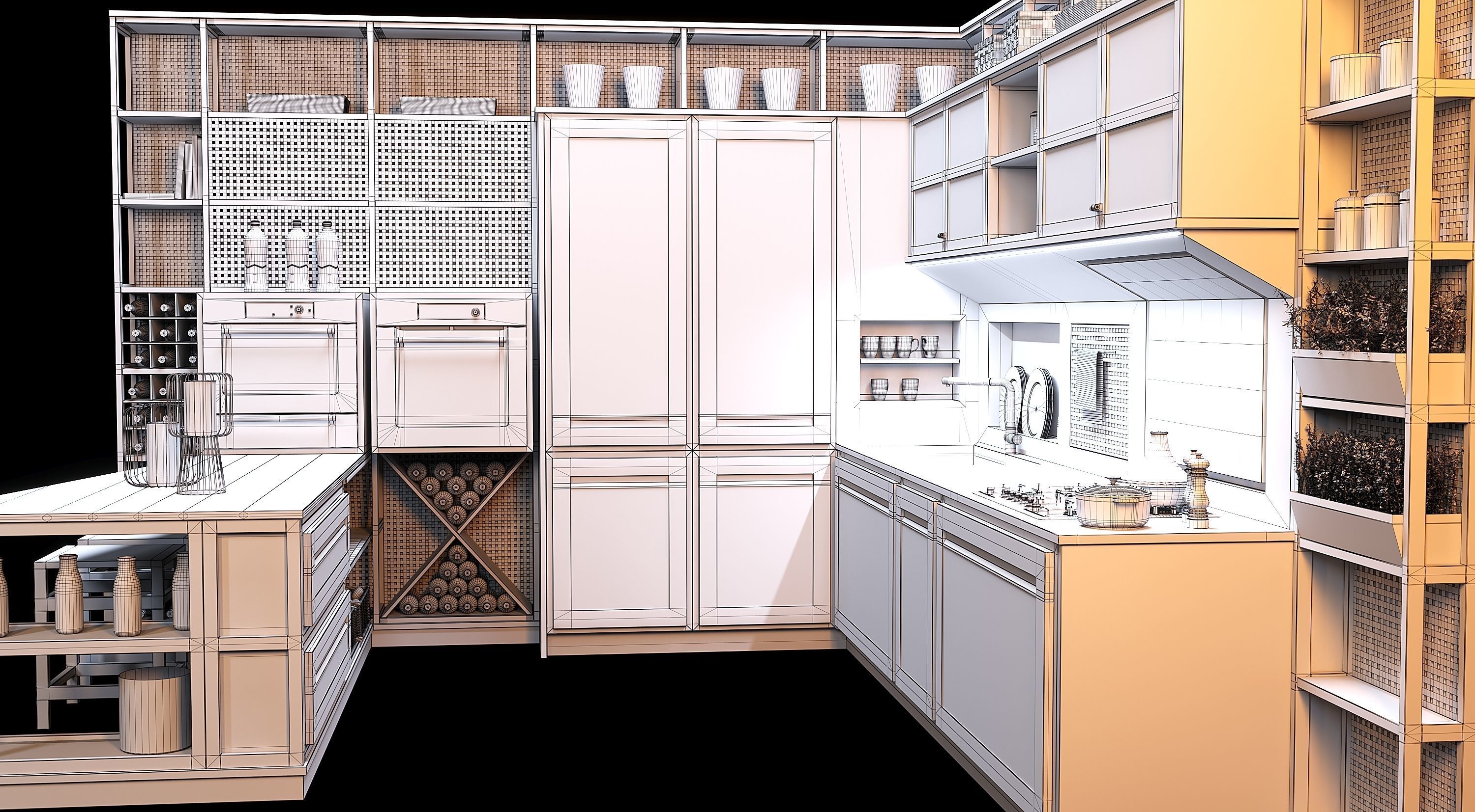 Kitchen with wooden cabinets and shelves 3D model | CGTrader