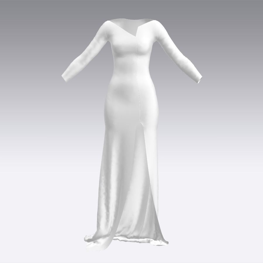 3D model dress white color neckline long slevee dress slit skirt detail ...