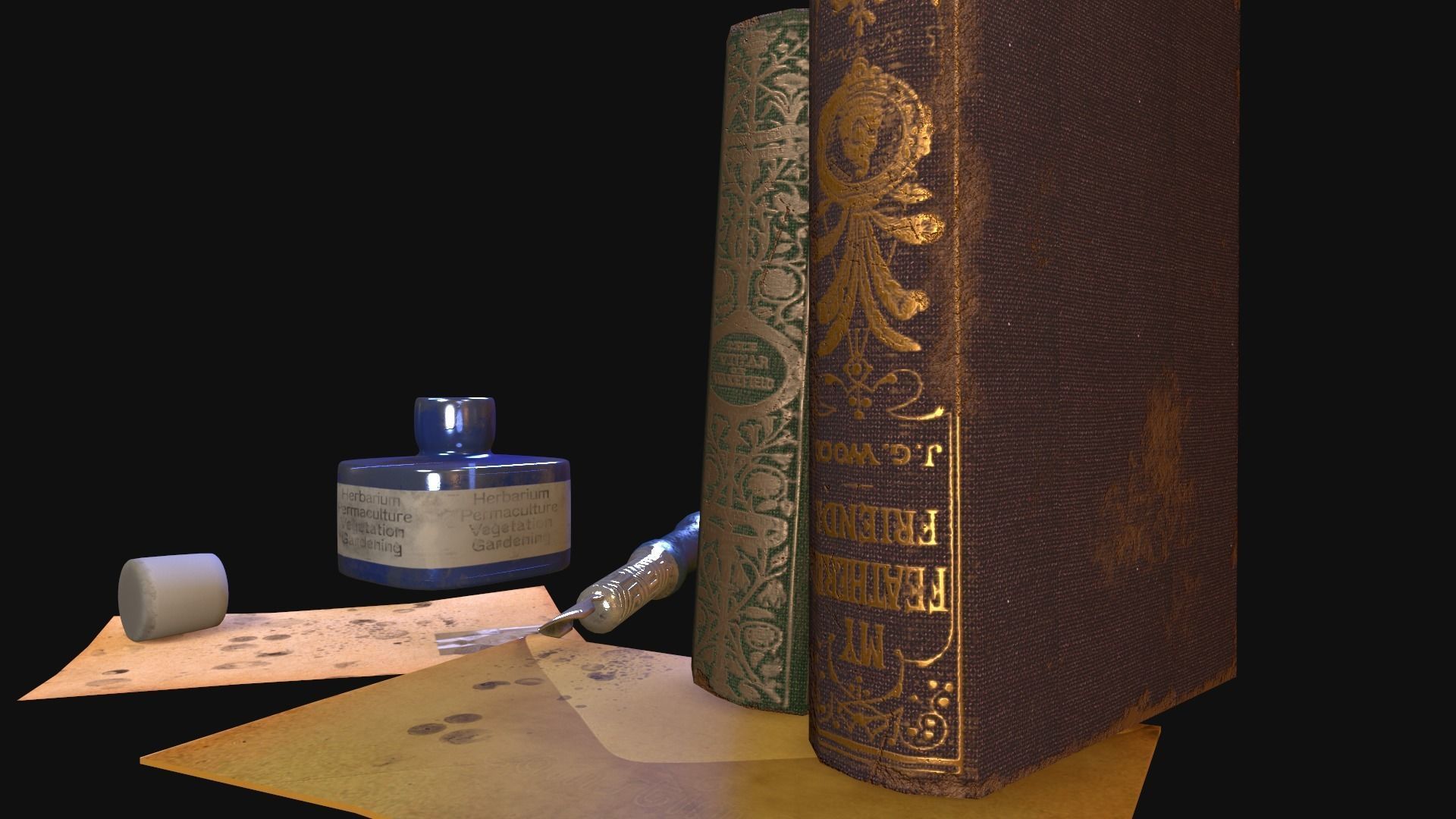 3D model books and inkwell VR / AR / low-poly | CGTrader