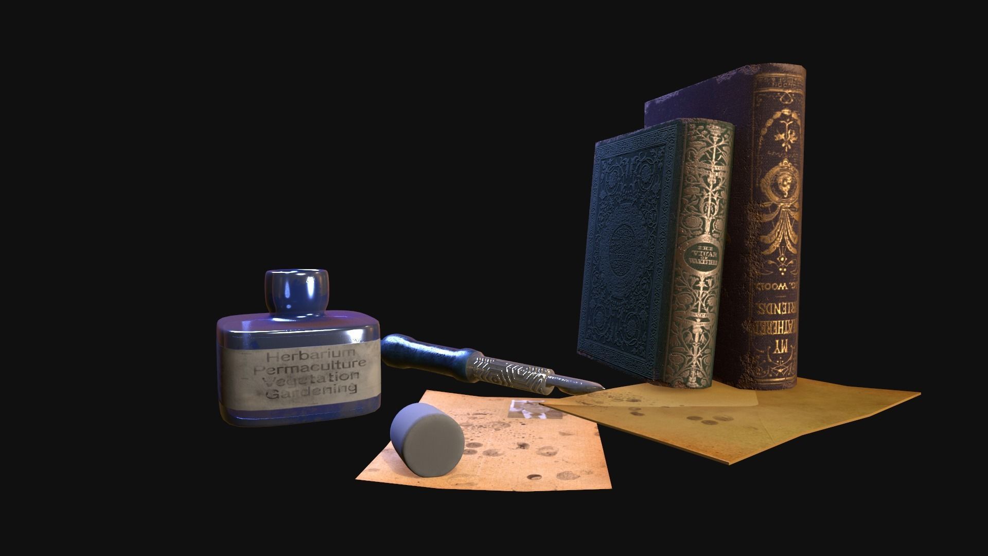 3D model books and inkwell VR / AR / low-poly | CGTrader