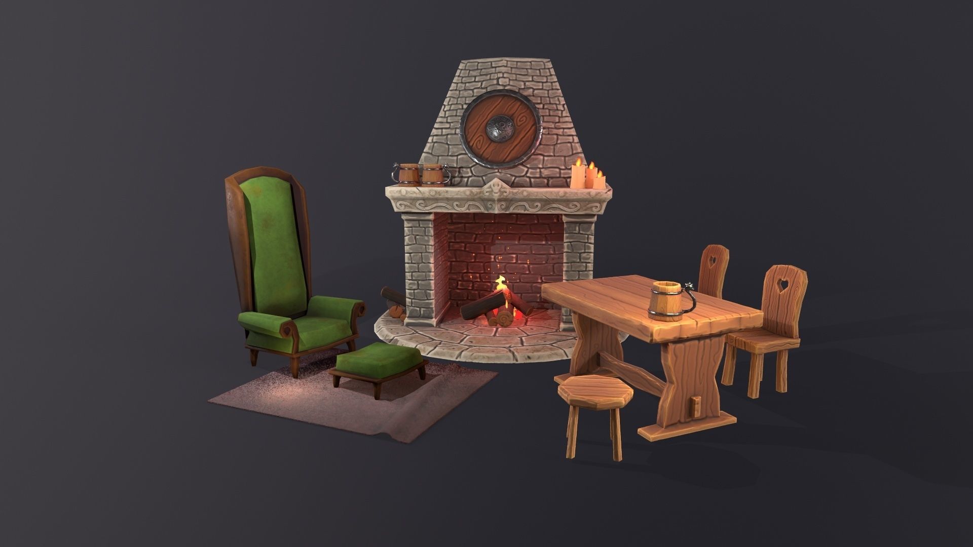 3D model Medieval fantasy tavern fireplace lowpoly stylized asset VR ...