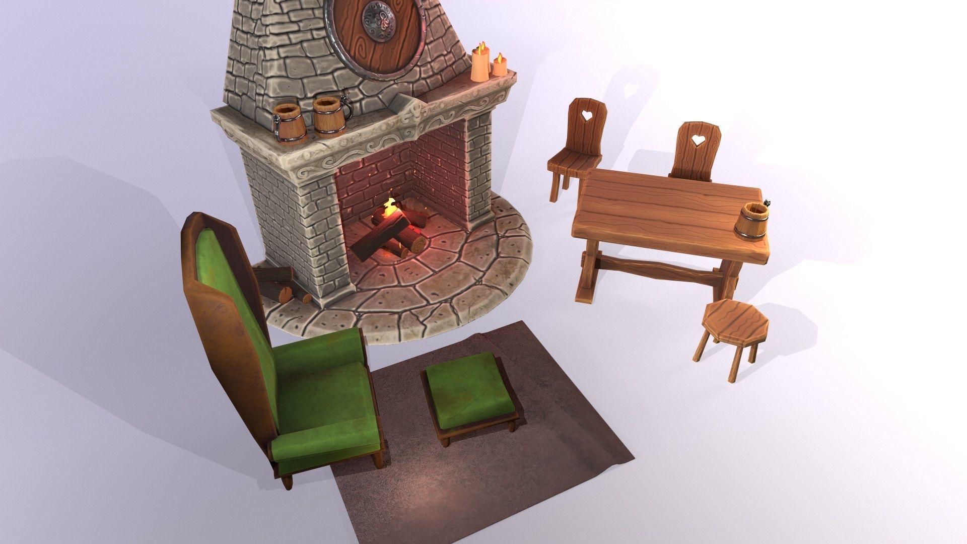 3D model Medieval fantasy tavern fireplace lowpoly stylized asset VR ...